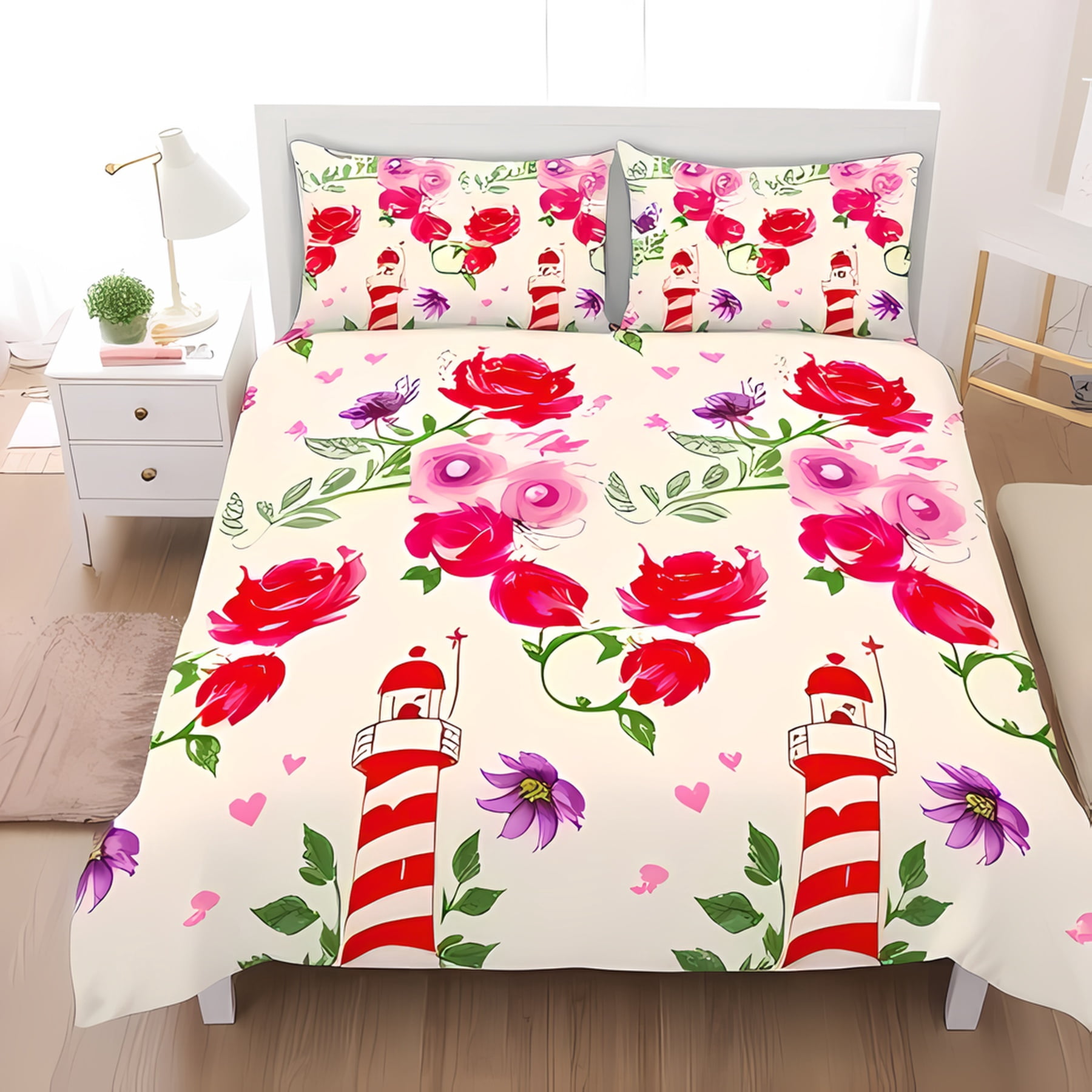 Charming 3-Piece Floral Duvet Cover & Pillowcase Set - Cream Base with ...