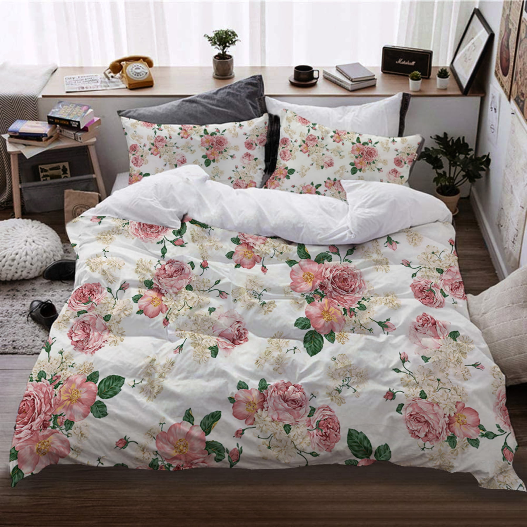 Charming 3-Piece Floral Duvet Cover Set with Blush Pink Roses & Dark ...