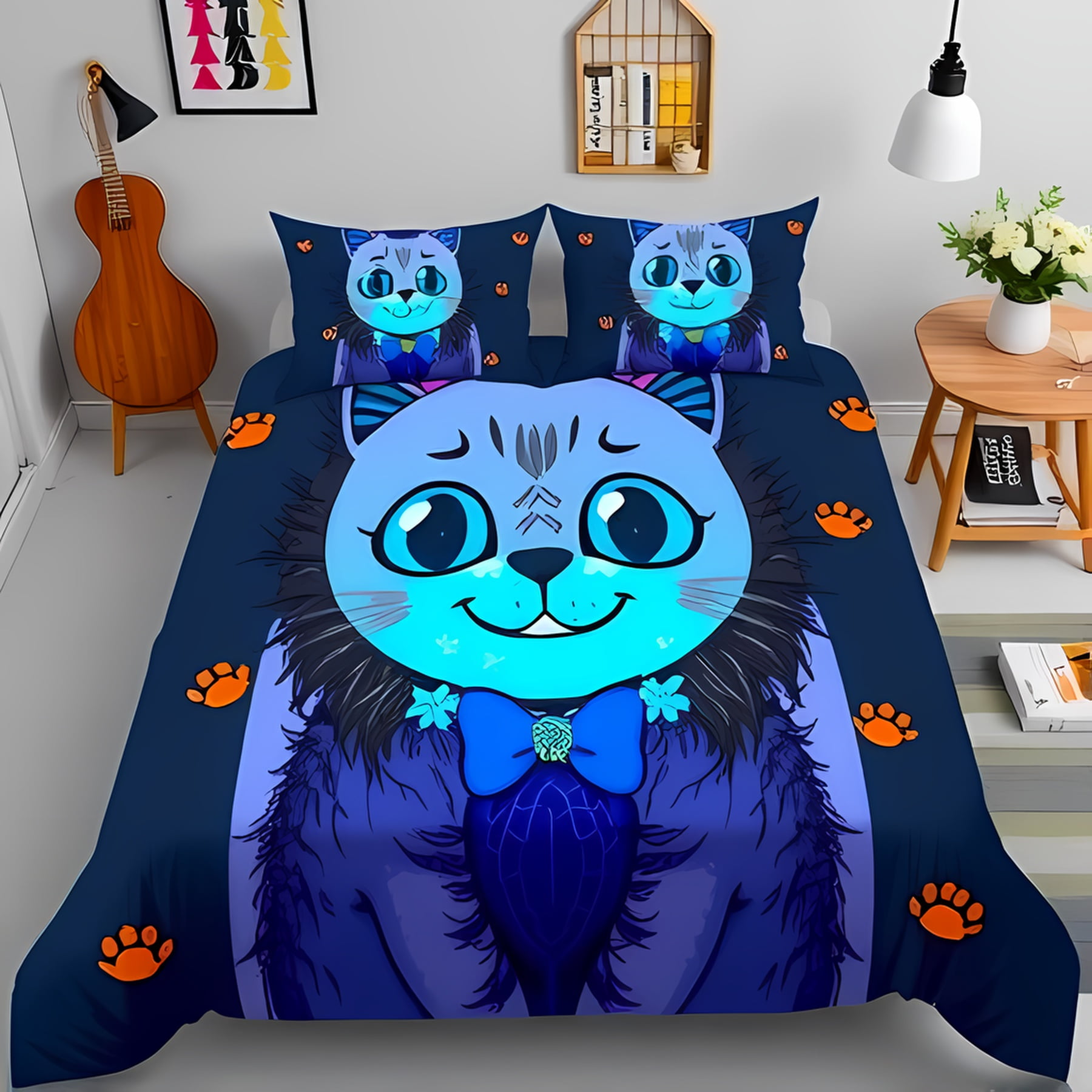 Charming 3-Piece Navy Blue Cat Duvet Cover & Pillowcase Set - Whimsical ...