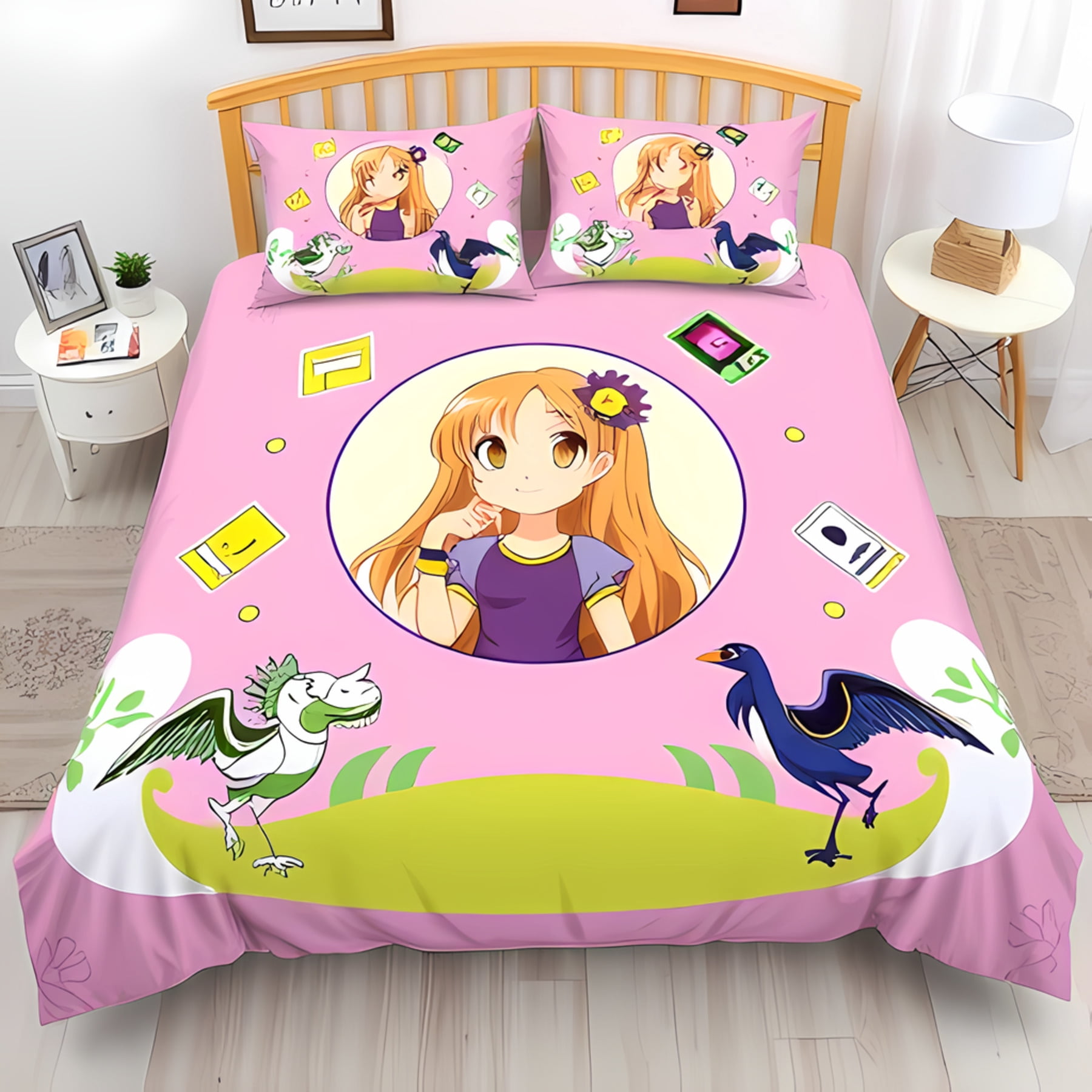 Charming 3-Piece Pink Anime Duvet Cover Set with Whimsical Girl Design ...