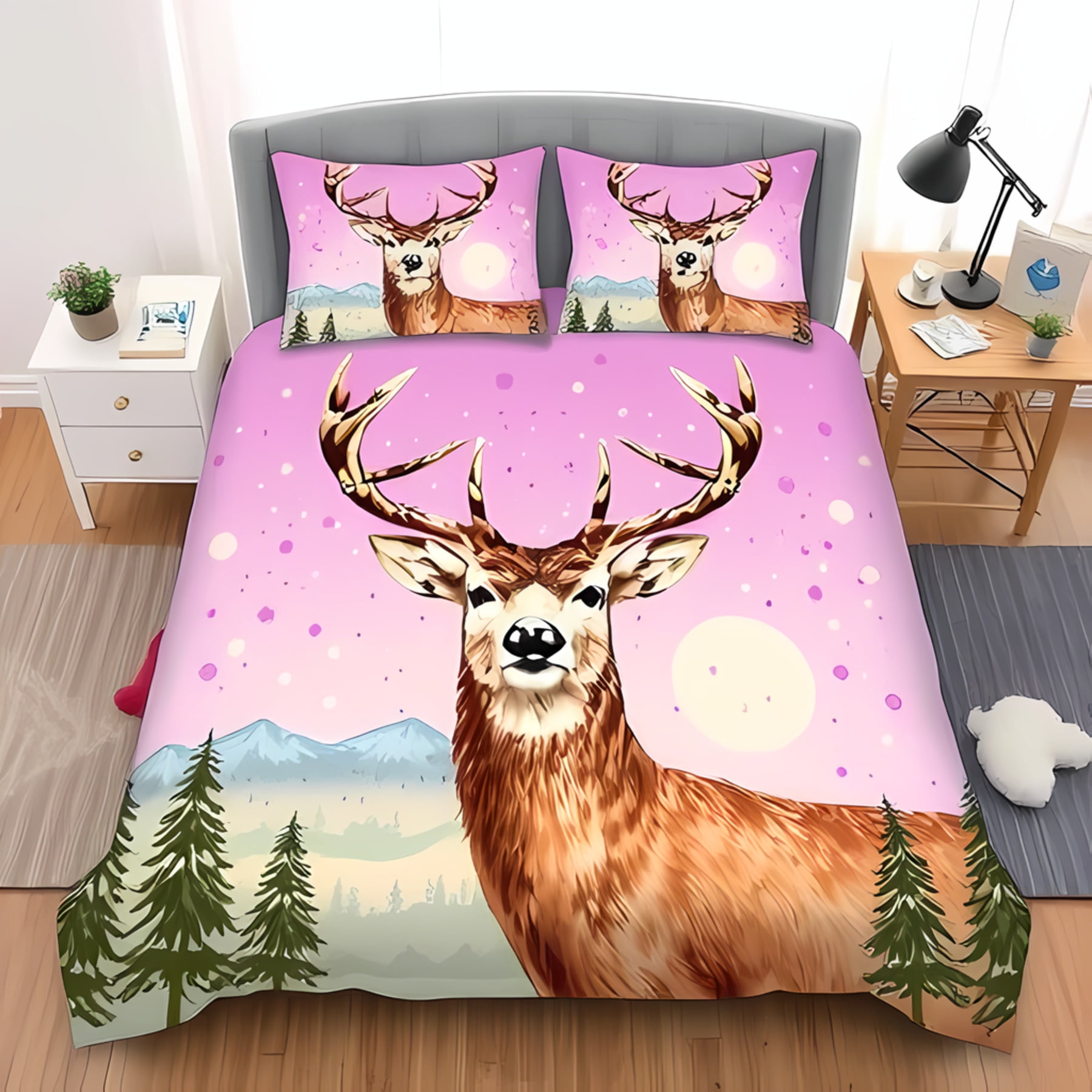 Charming 3-Piece Pink Duvet Cover Set with Majestic Deer Motif & Trees ...