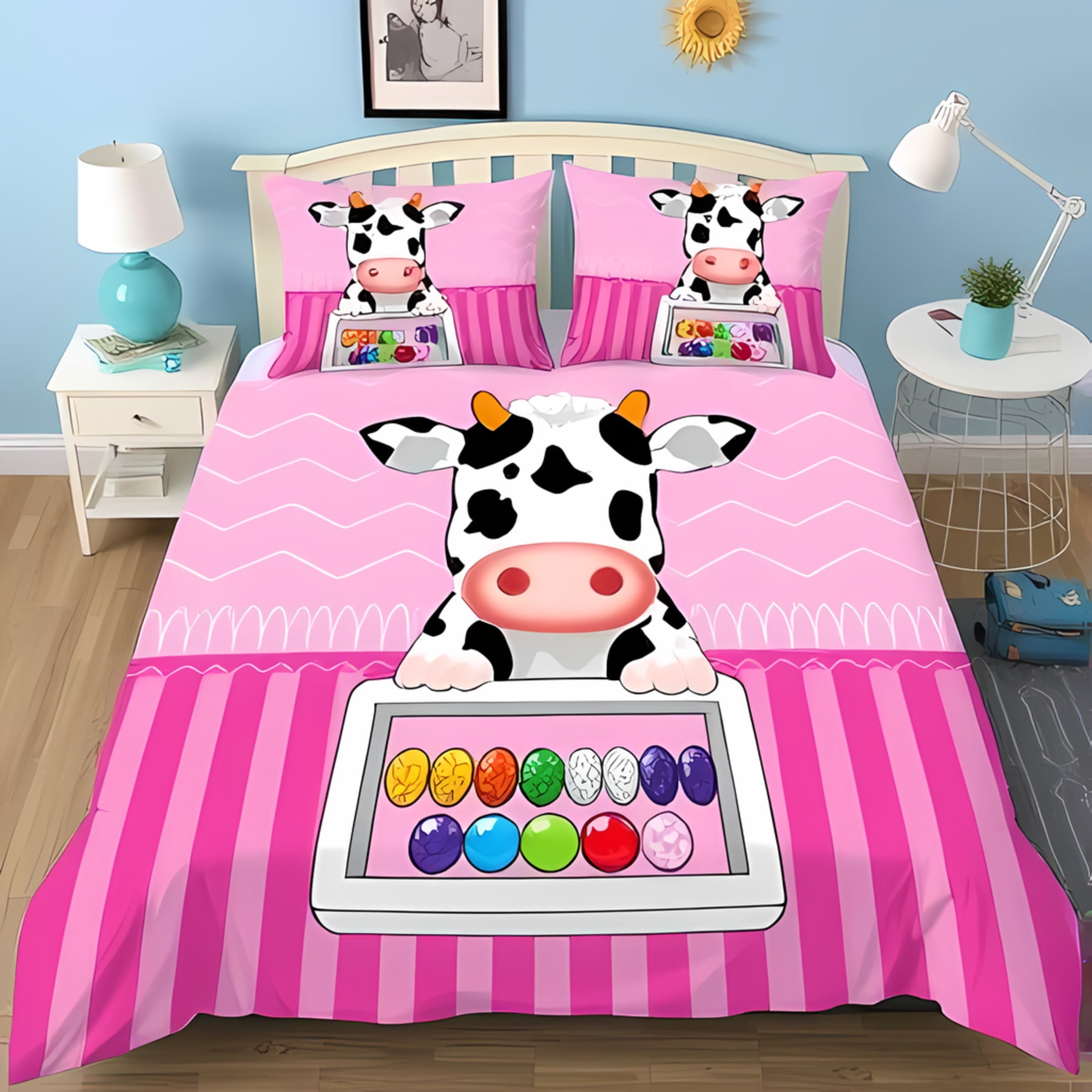 Charming 3-Piece Pink Duvet Cover Set with Playful Cartoon Cow ...