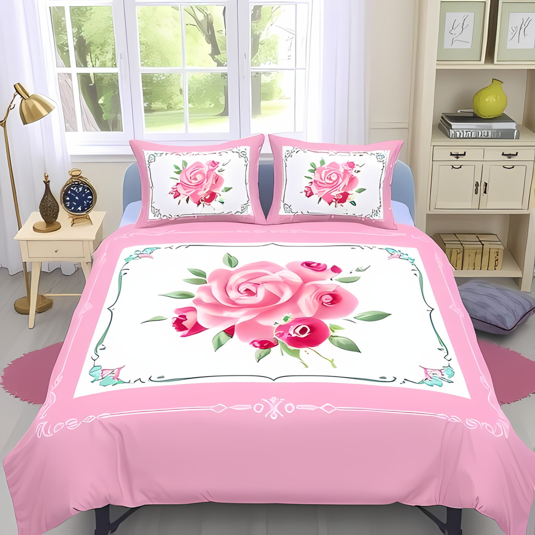 Charming 3-Piece Pink Floral Duvet Cover Set with Matching Pillowcases ...