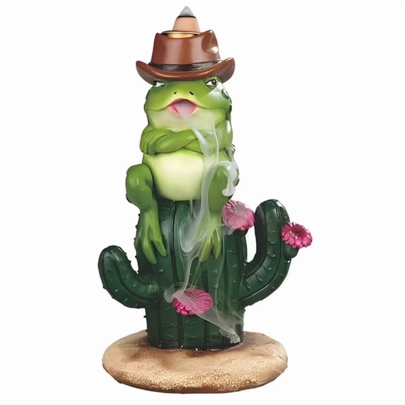 Charming 6.75 Inches Tall Cactus Frog Statue - Backflow Incense Holder ...