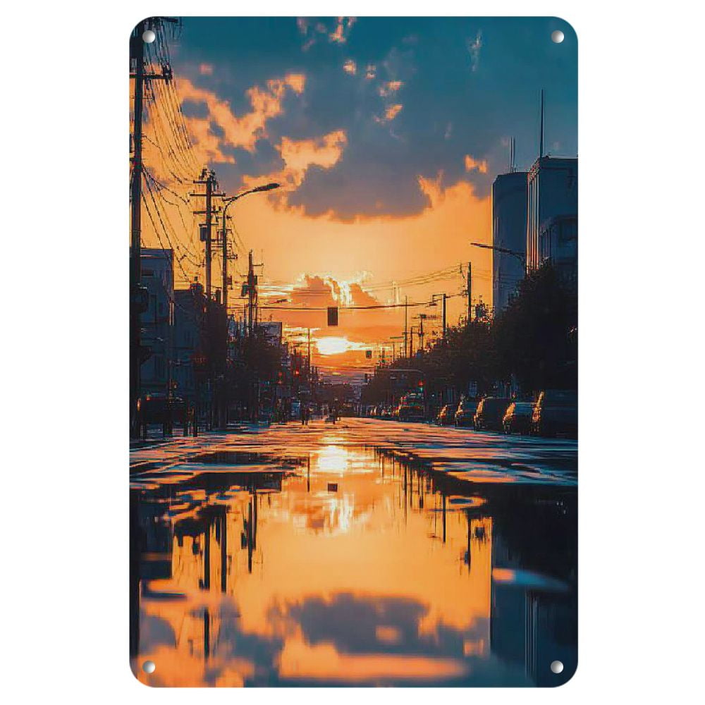 Charming 8x12" Iron Welcome Sign with Sunset & Rainy Street Scene ...