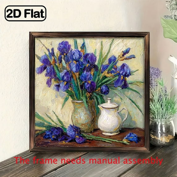 Charming 8x8in Spring Floral Oil Painting with Purple Iris Flowers in a ...
