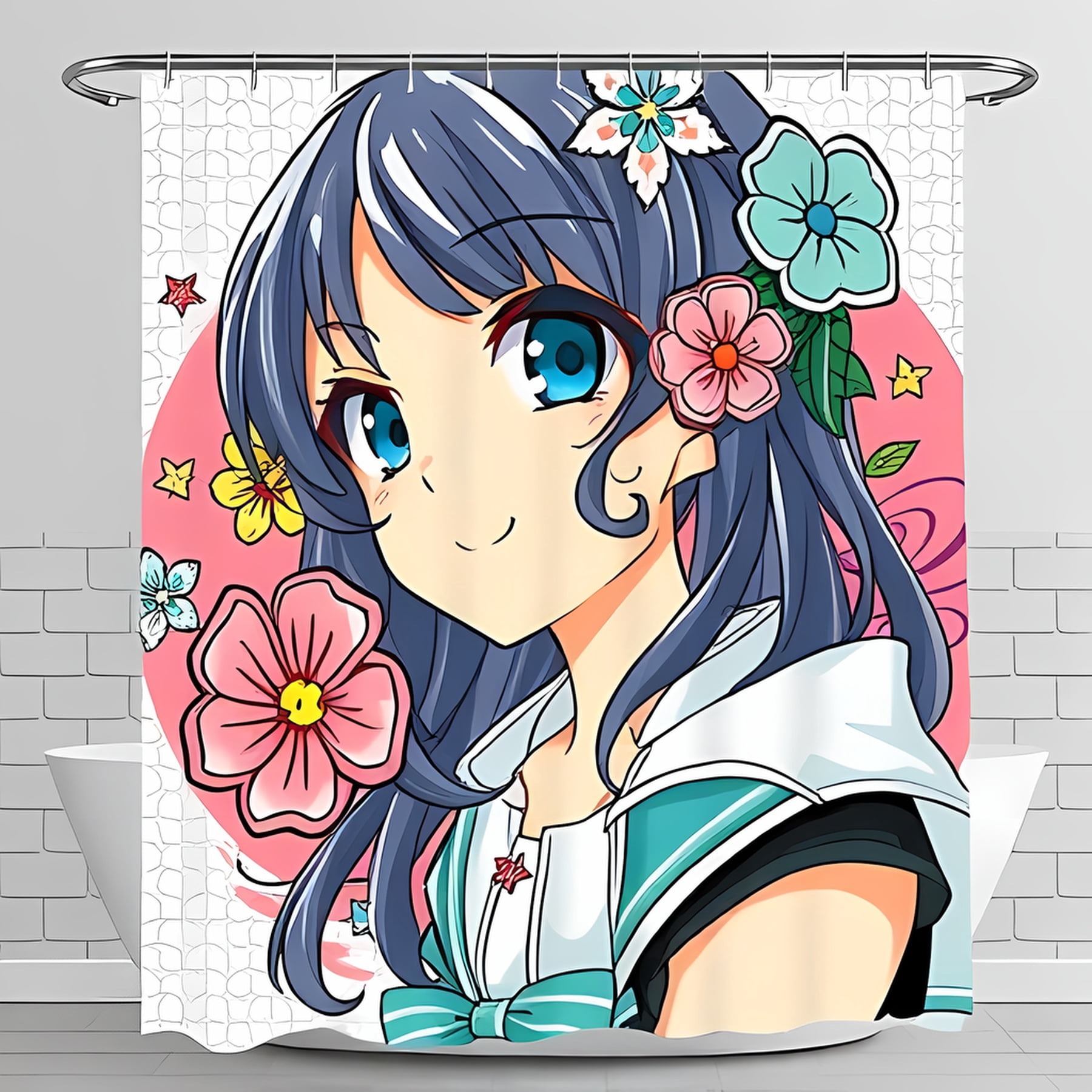 Charming Anime Shower Curtain with Bluish-Grey Haired Girl in Sailor ...