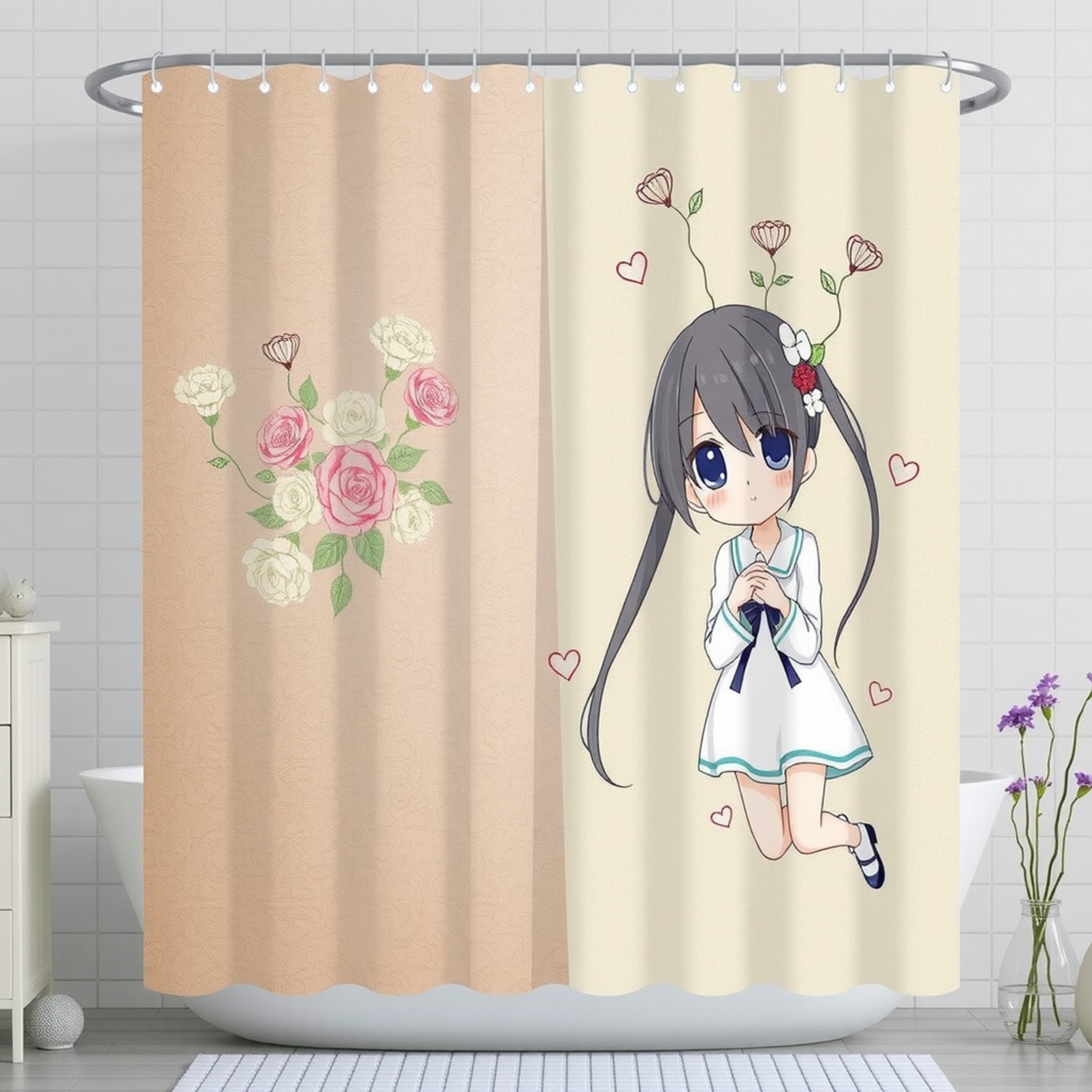 Charming Anime Shower Curtain with Floral Design & Cute Girl - Walmart.com