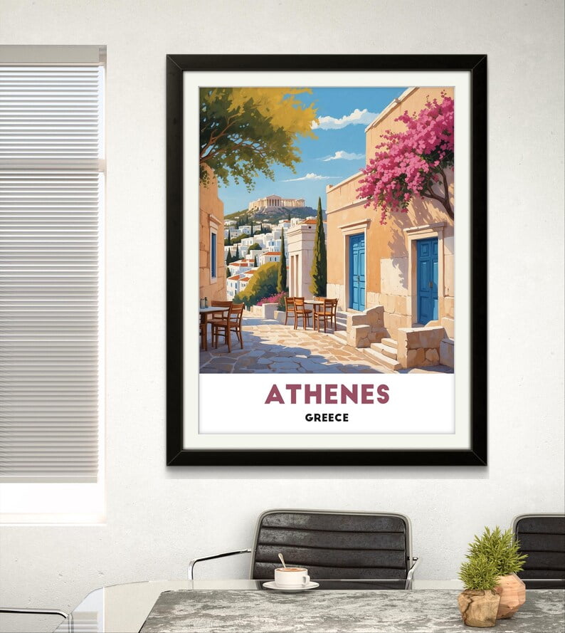 Charming Athens Poster – Idyllic Greek Street Scene With The Acropolis ...