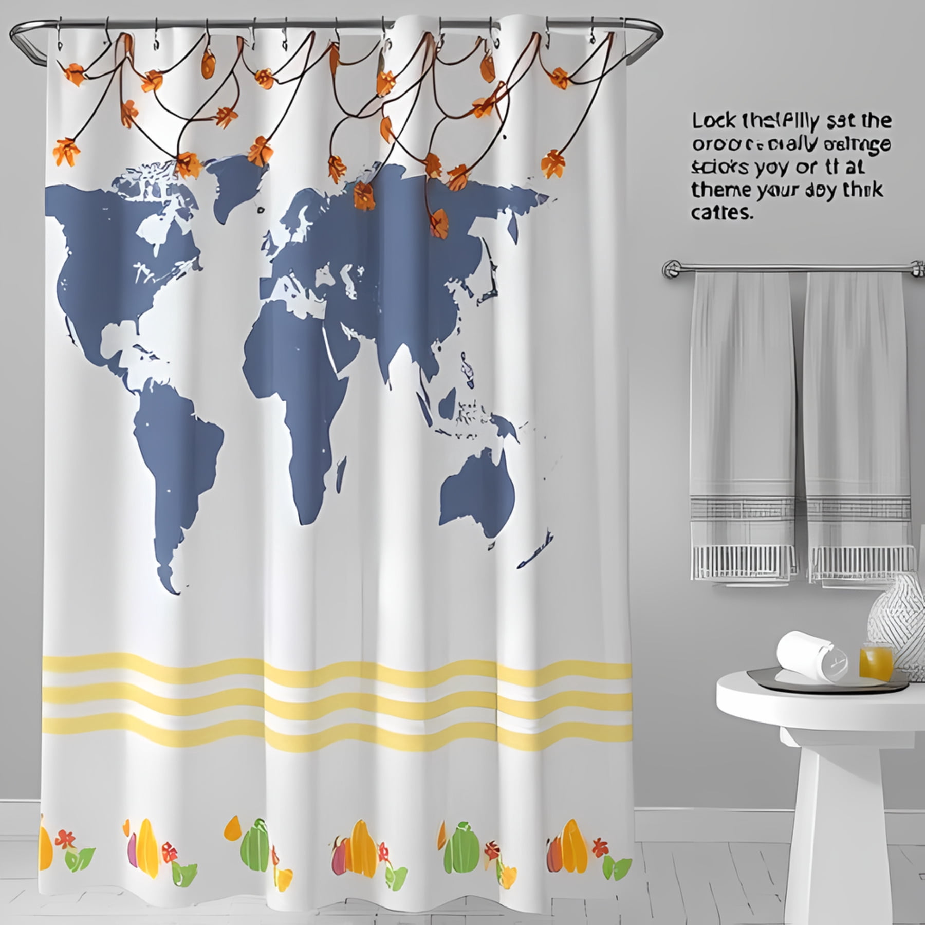 Charming Autumn Leaves & World Map Shower Curtain Whimsical Design with ...
