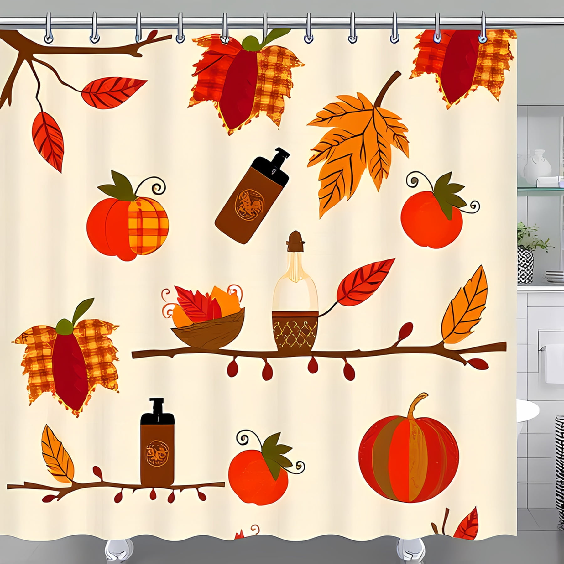 Charming Autumn Shower Curtain with Pumpkins Leaves & Rustic Accents ...