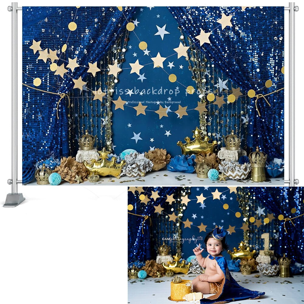 Charming Backdrops Kids Cake Smash Props Blue Curtains Golden Stars ...