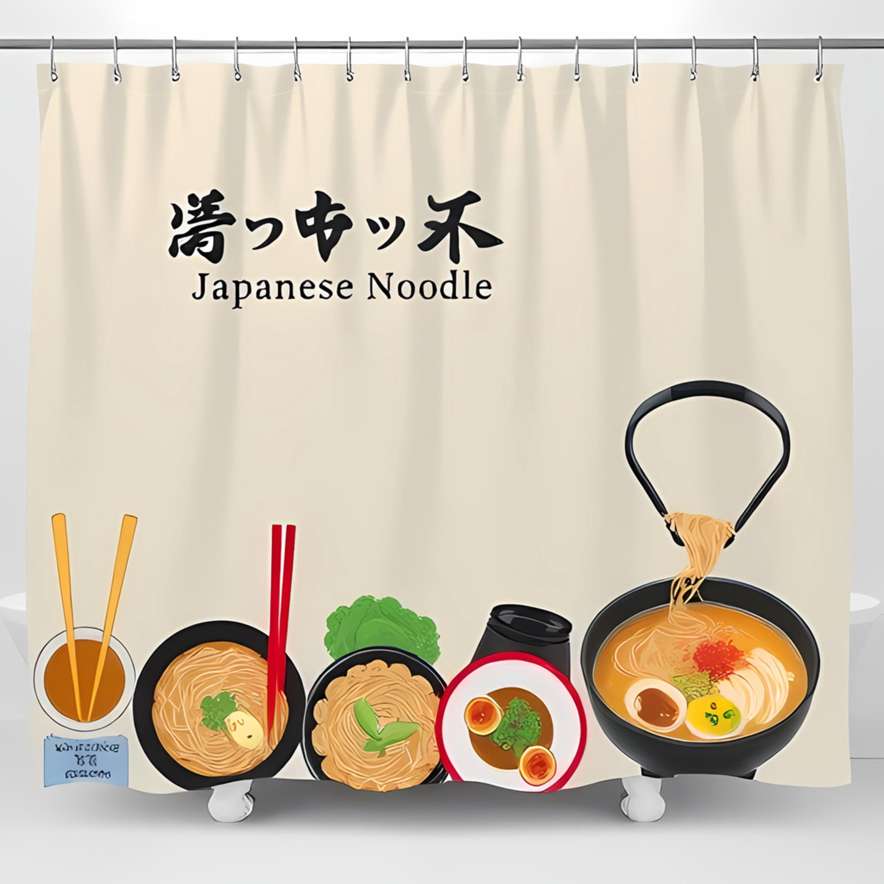 Charming Beige Shower Curtain with Japanese Noodle Dishes Illustration ...
