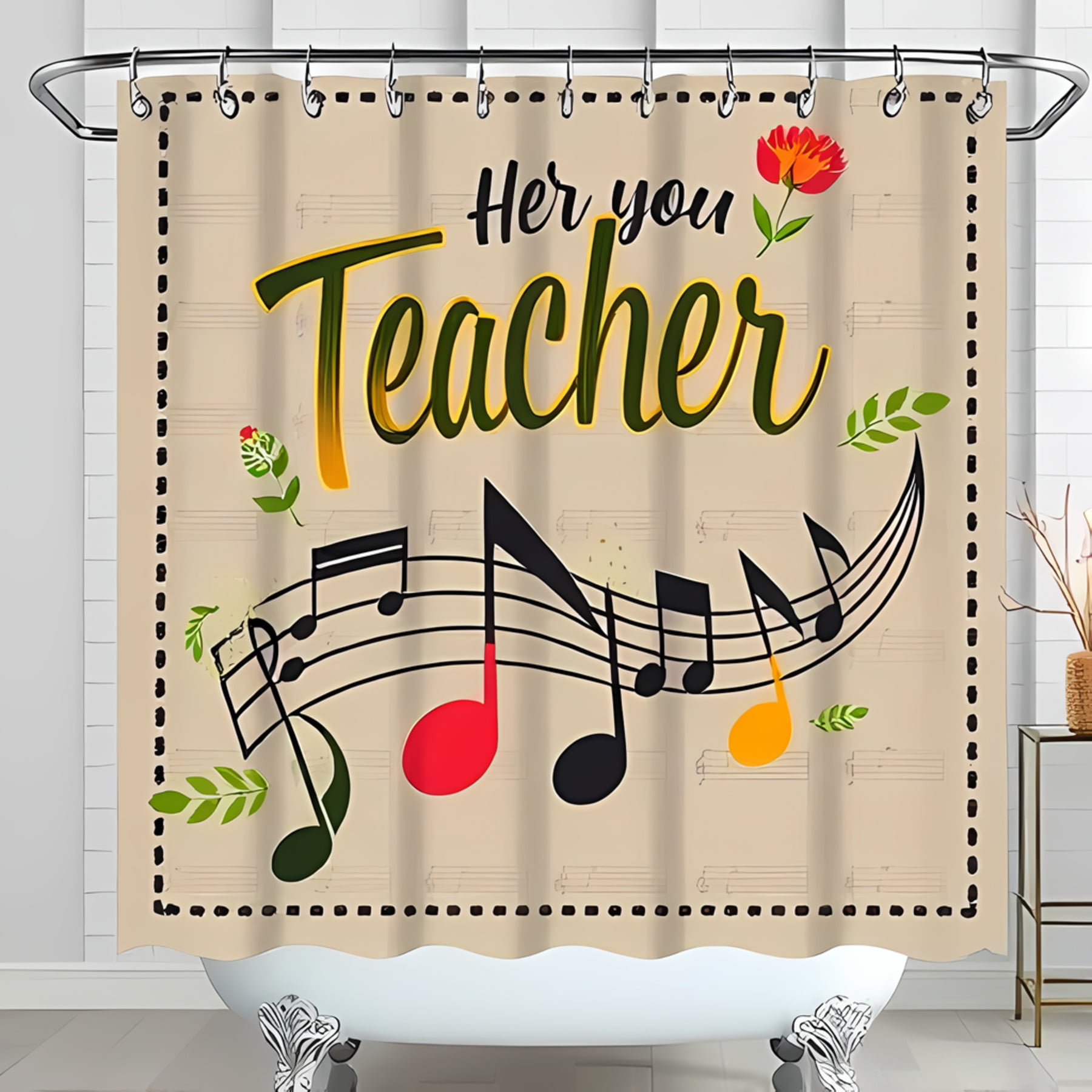 Charming Beige Shower Curtain with Musical Notes Floral Accents & 'Her ...