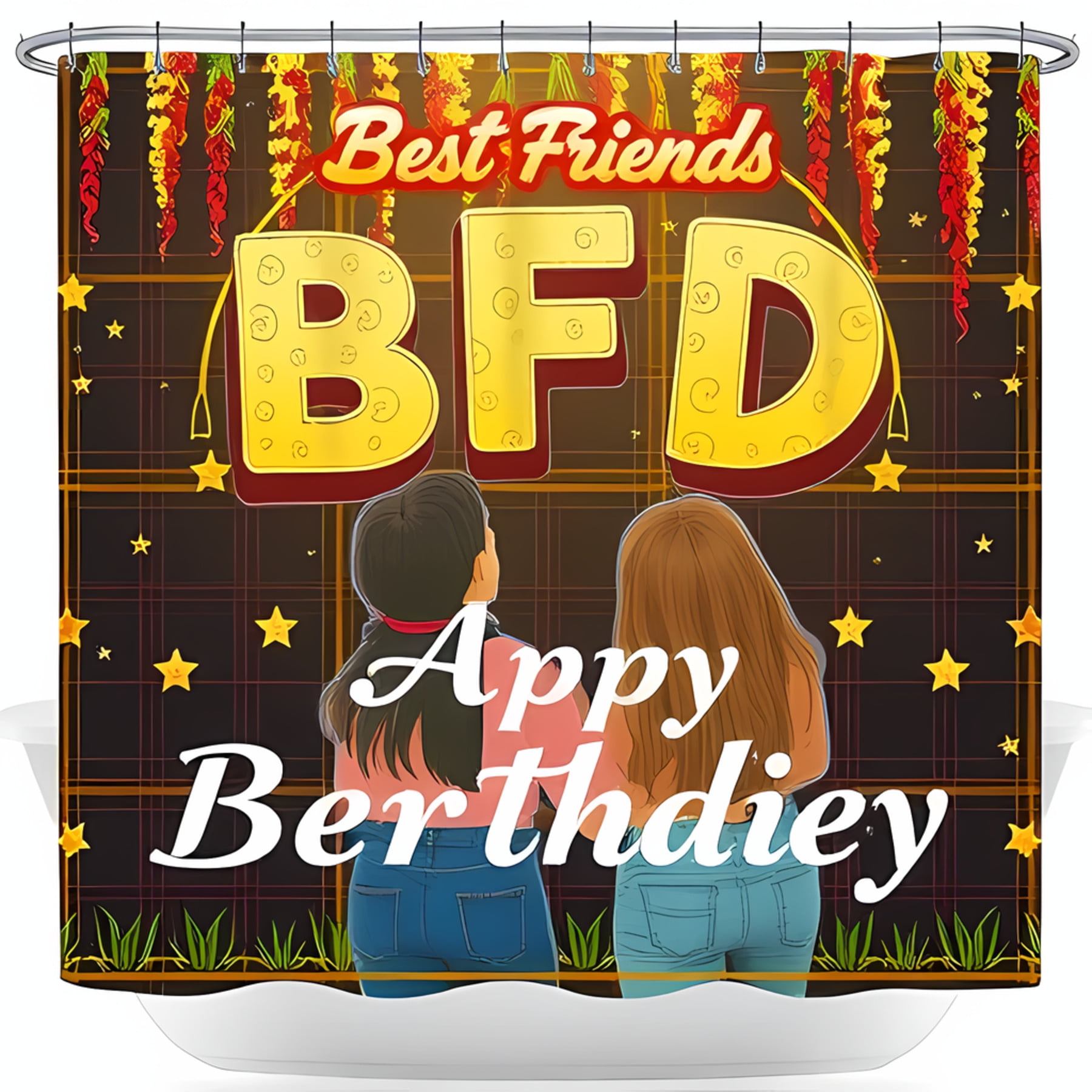 Charming Best Friends Day Shower Curtain with Retro 'BFD' Design Floral ...