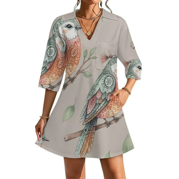 Charming Bird Pattern Fabric Womens Dress With Pockets Summer V Neck 3/ ...
