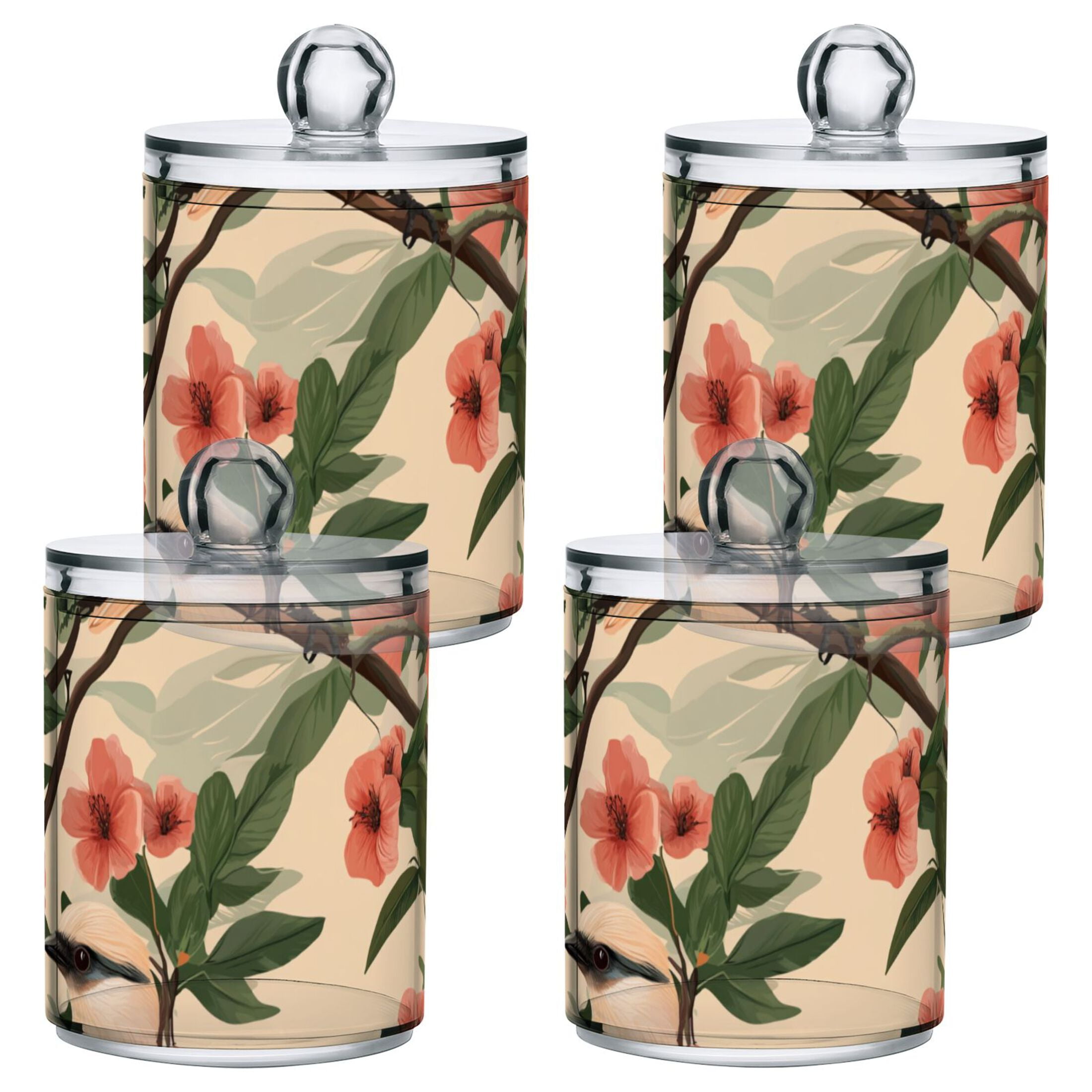 Charming Birds and Flowers Bathroom Canisters Set of 4 Translucent ...