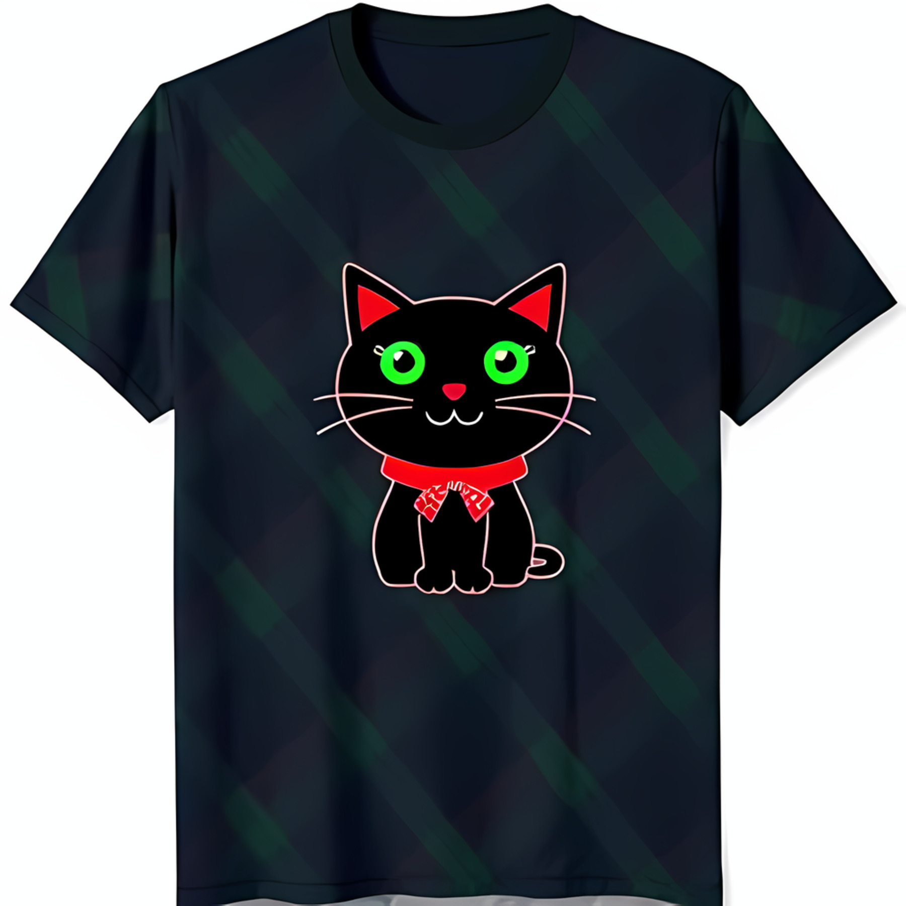 Charming Black Cat Graphic Tee with Red Bow & Green Eyes on Dark Blue ...