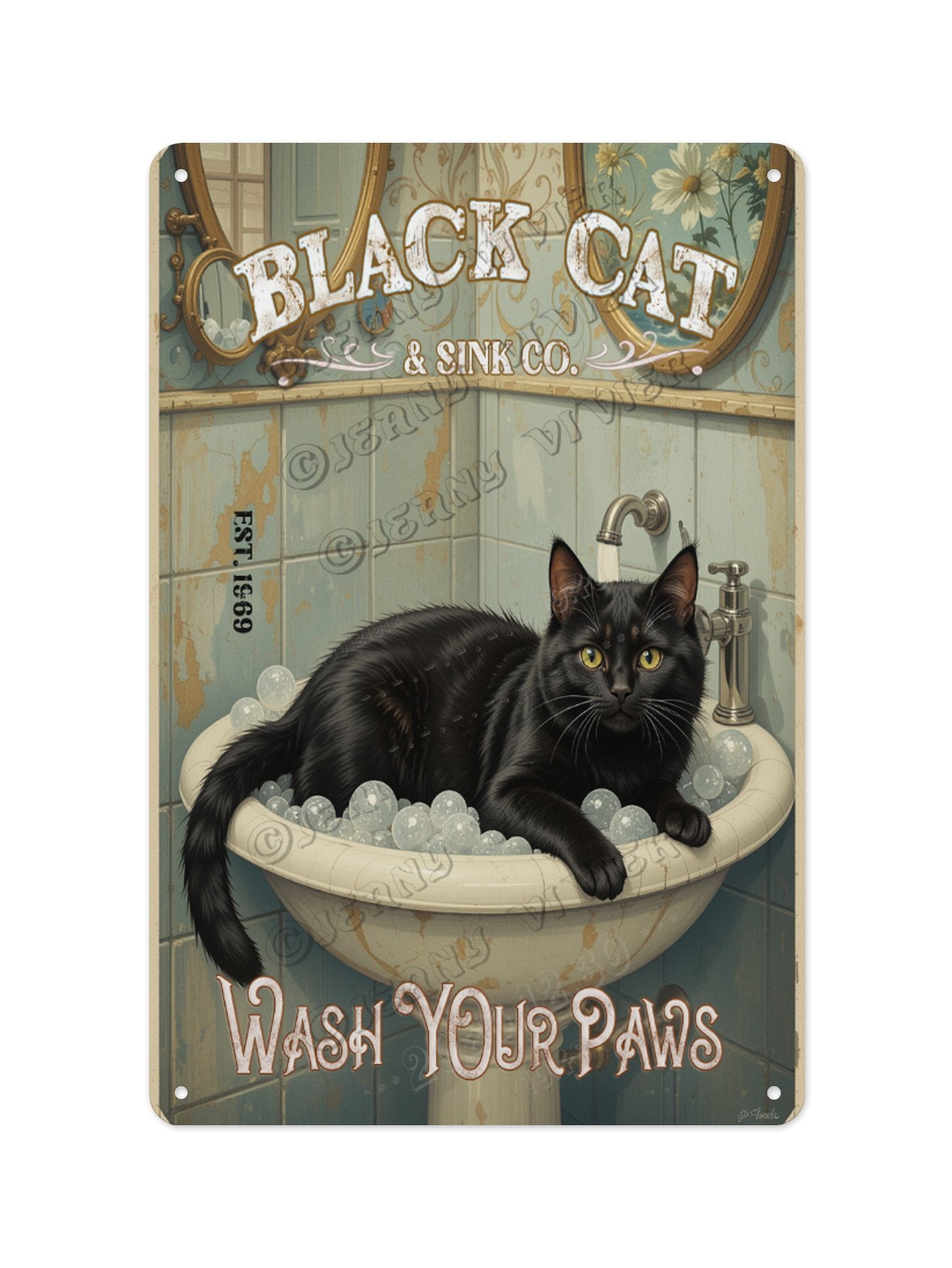 Charming Black Cat Sink Co. Wash Your Paws Aluminum Sign 12 x 16 Inches ...