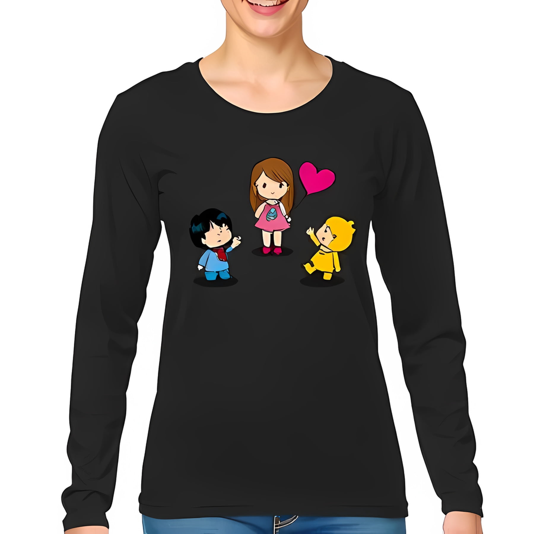 Charming Black Long Sleeve T-Shirt with Cartoon Illustration ...