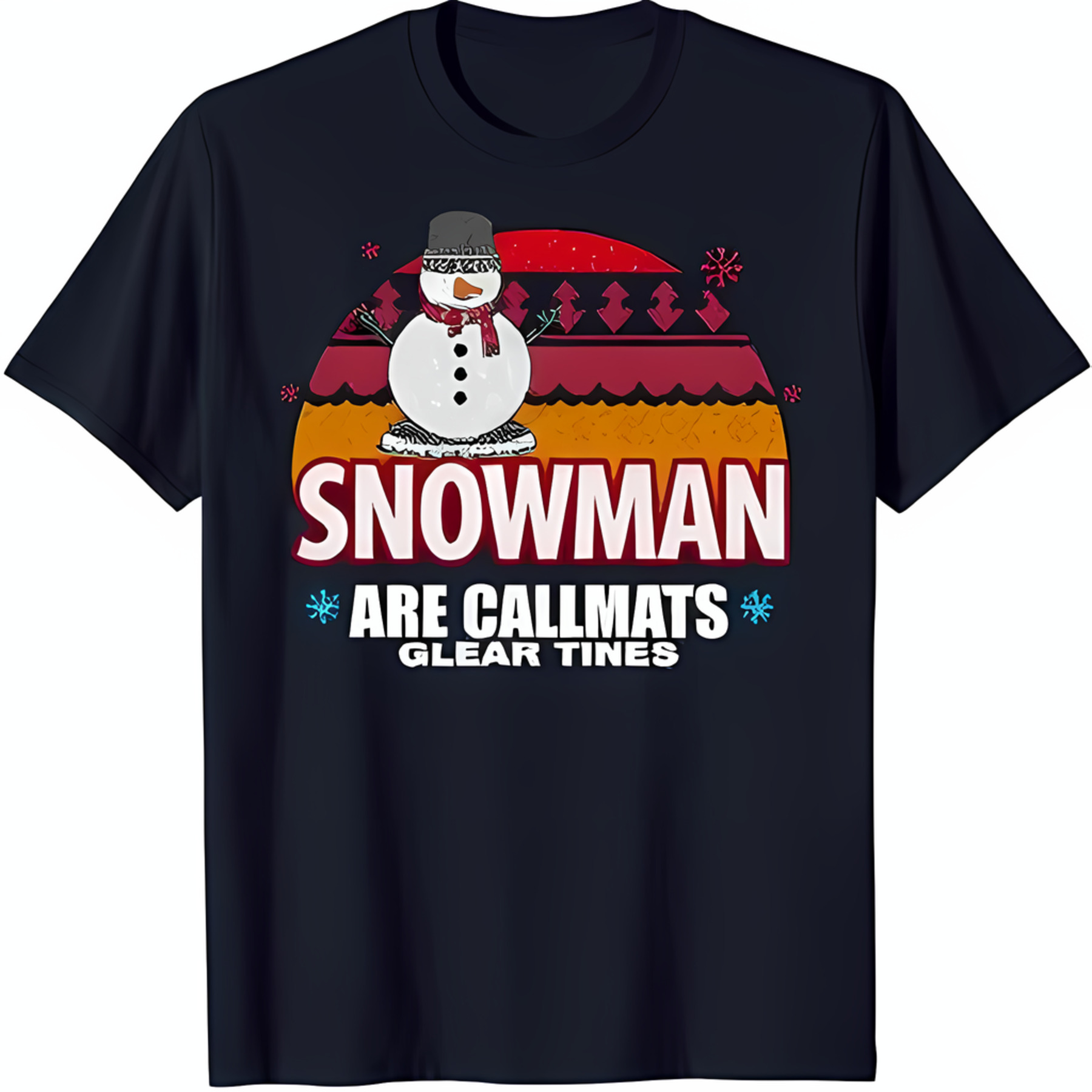 Charming Black T-Shirt with Colorful Snowman Graphic and Sunset Design ...
