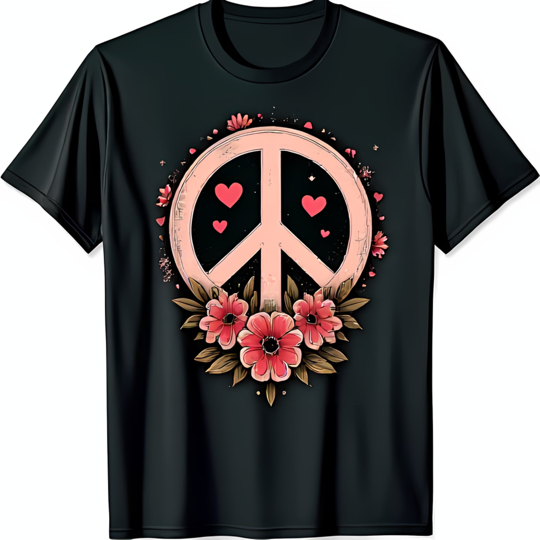 Charming Black T-Shirt with Pink Peace Sign Flowers & Hearts Graphic ...
