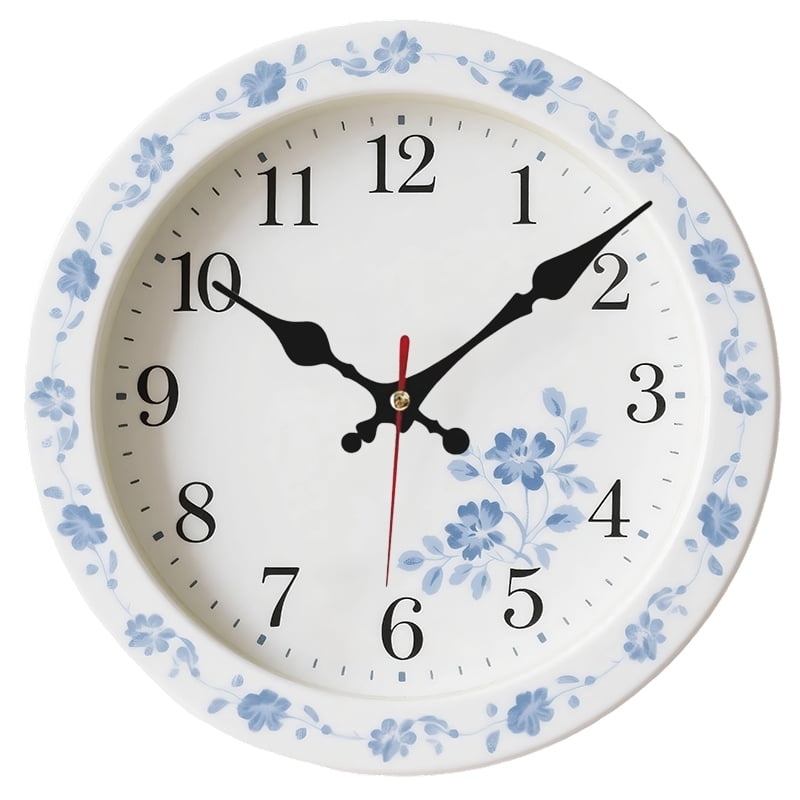 Charming Blue Delft-Style Silent Wall Clock - Vintage Round Wooden ...