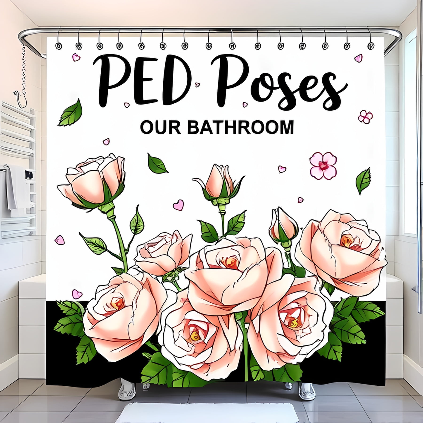 Charming Blush-Pink Roses Shower Curtain with "PED Poses Our Bathroom ...