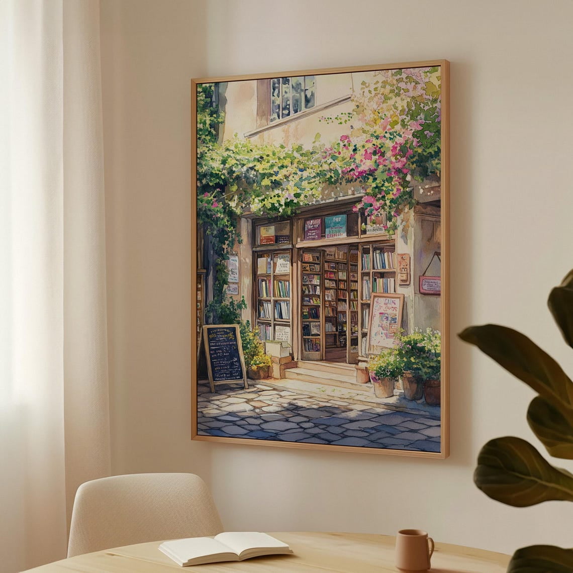 Charming Bookstore Wall Art - Sunlit Vintage Bookshop Scene, Floral ...