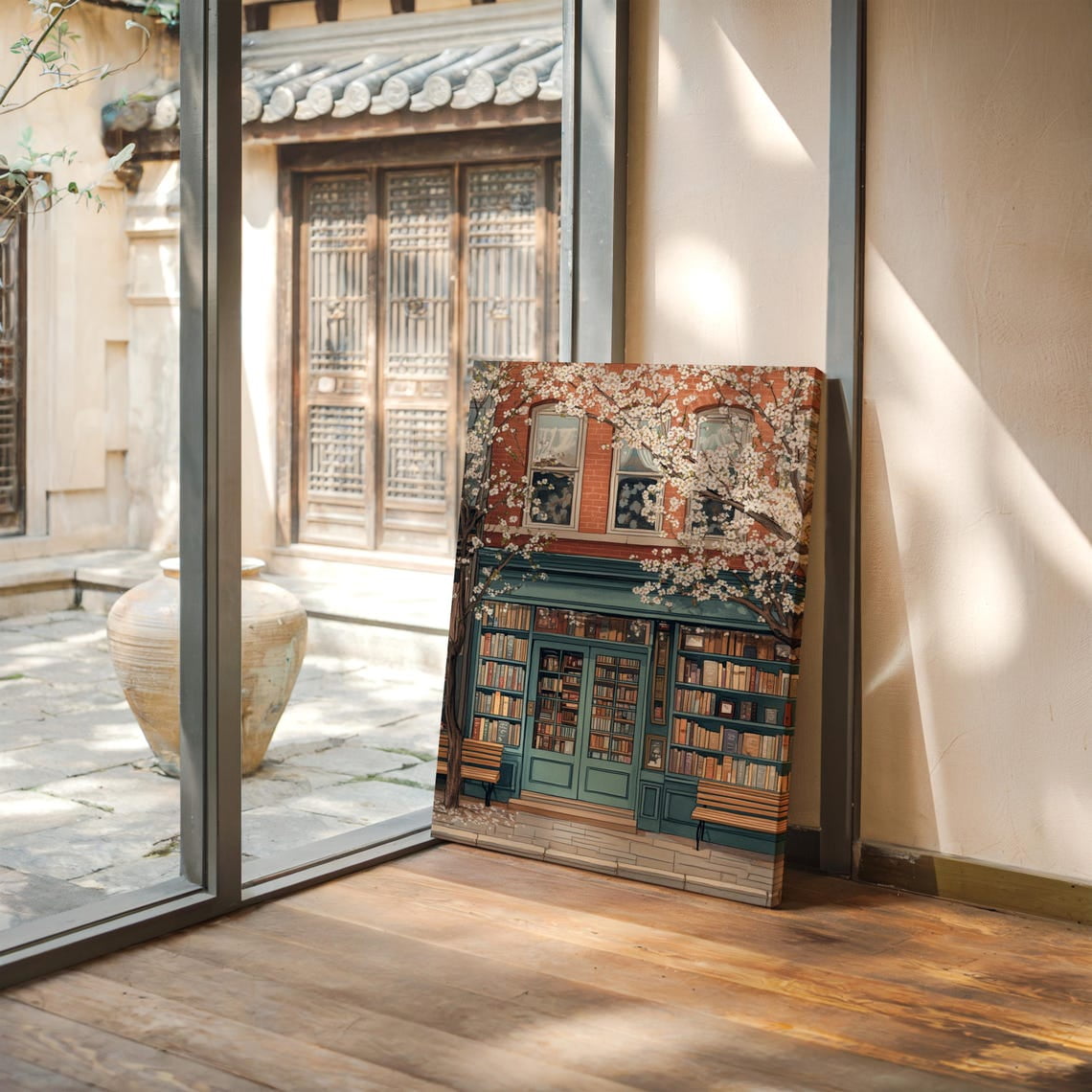 Charming Bookstore Wall Art Vintage Spring Bookshop Illustration With Blossoms Cozy Literary ...