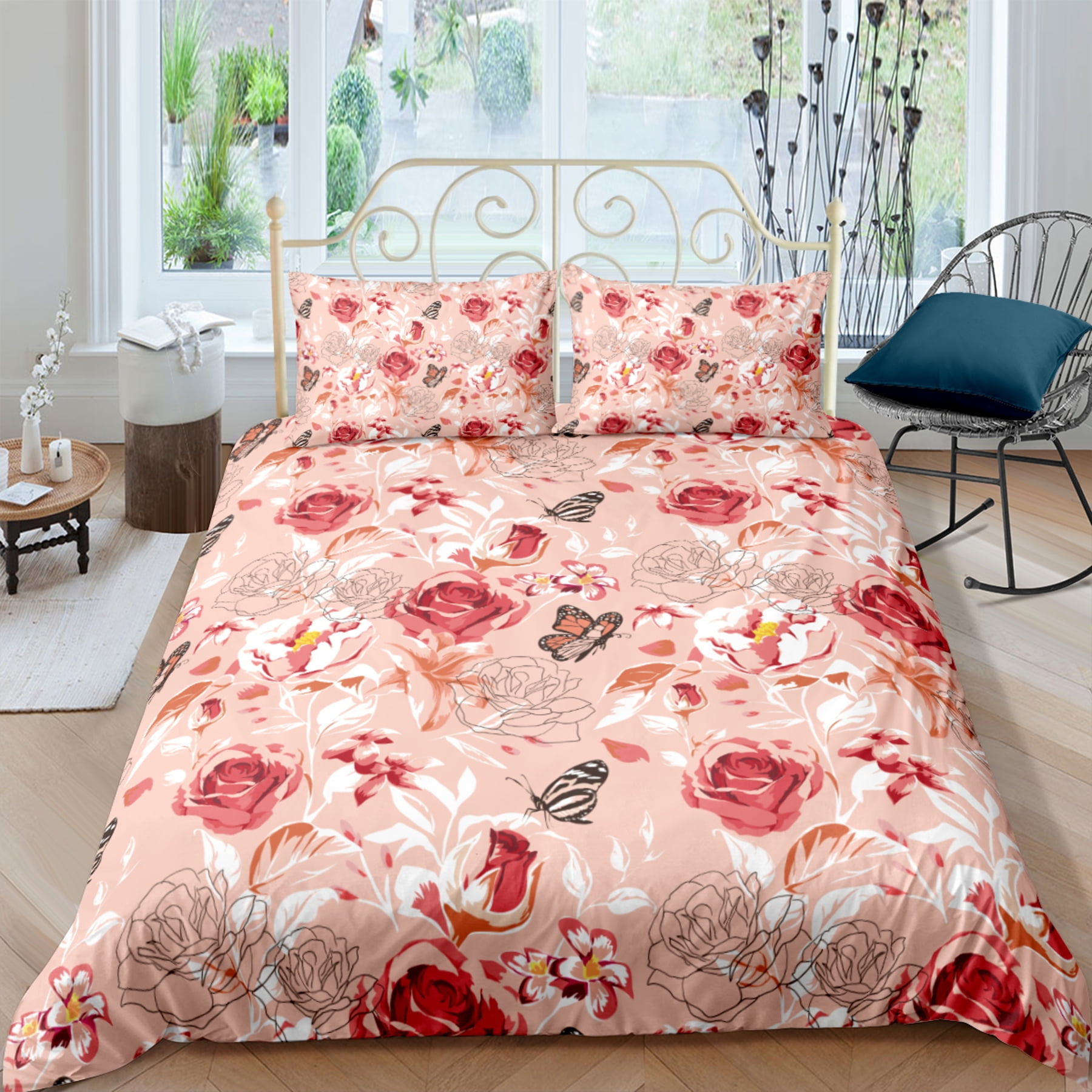 Charming Botanical Bedding Set with Red & Pink Roses on Pale Peach ...