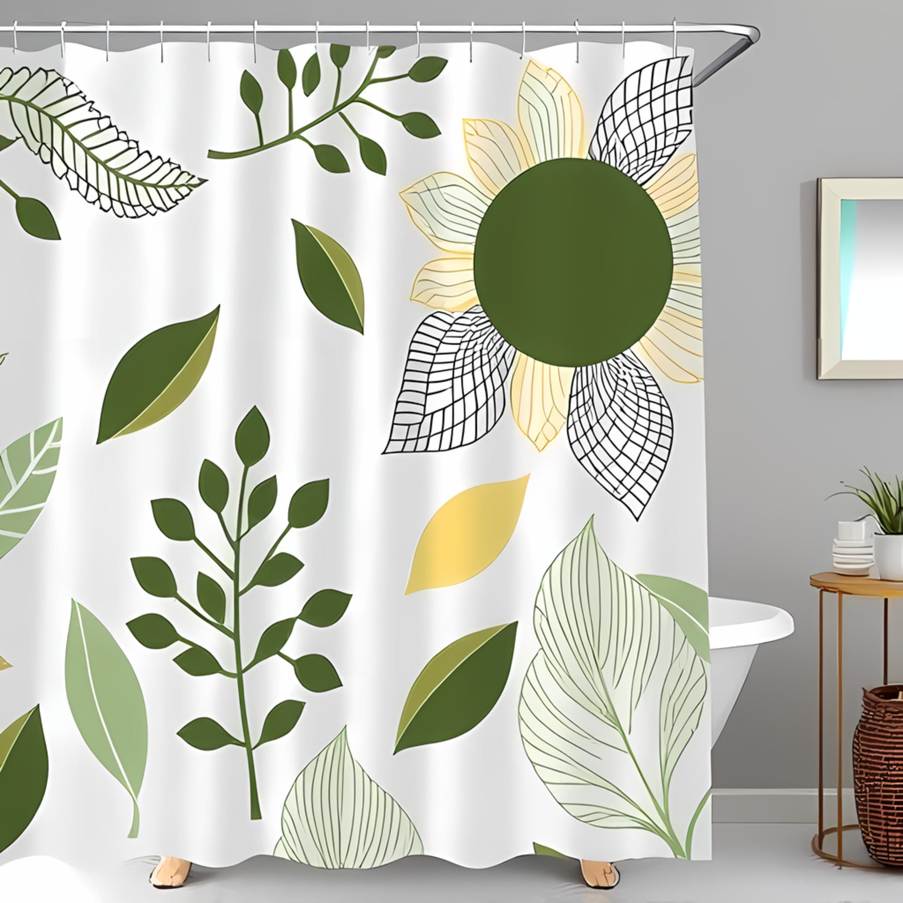 Charming Botanical Shower Curtain with Sunflower Design - Muted Greens ...