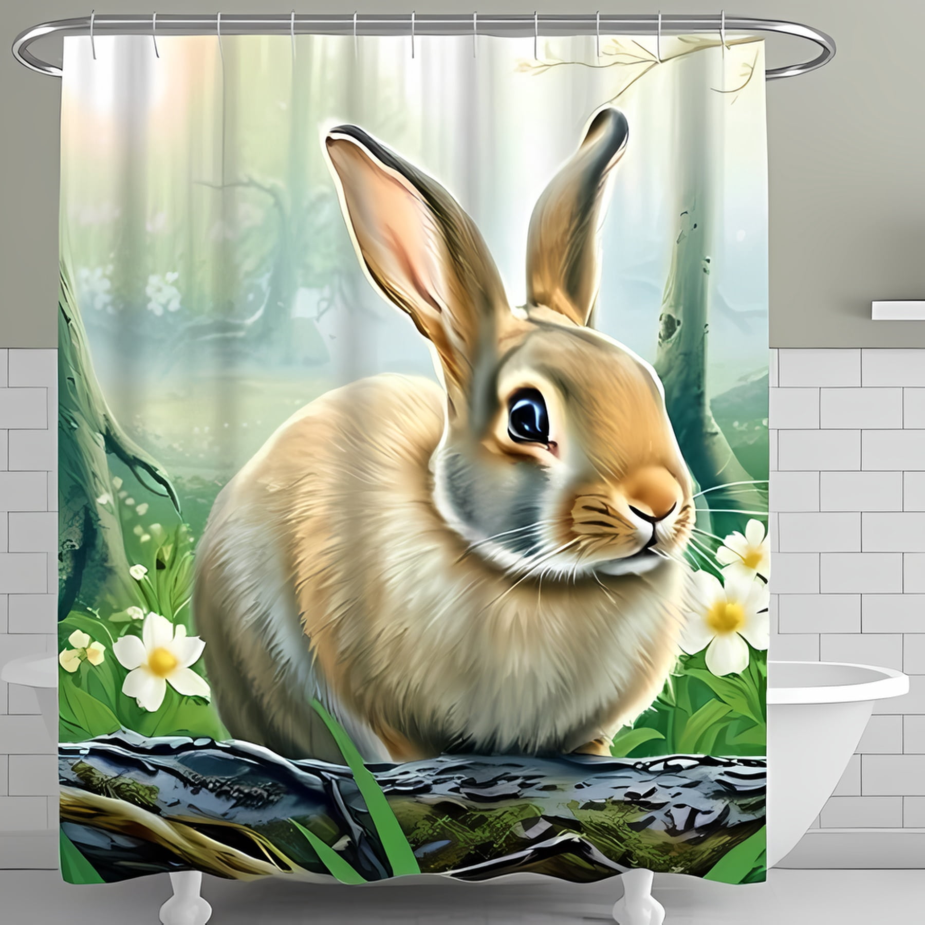Charming Brown Rabbit Shower Curtain - Realistic Nature Illustration in ...