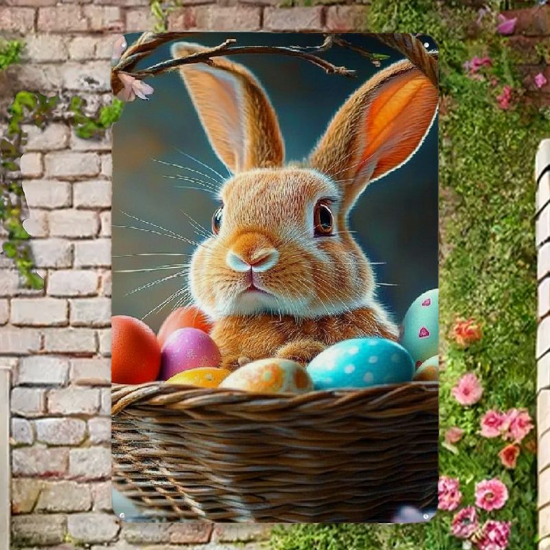 Charming Bunny in Basket Easter Iron Wall Art - 8x12 Inch Vintage Metal ...