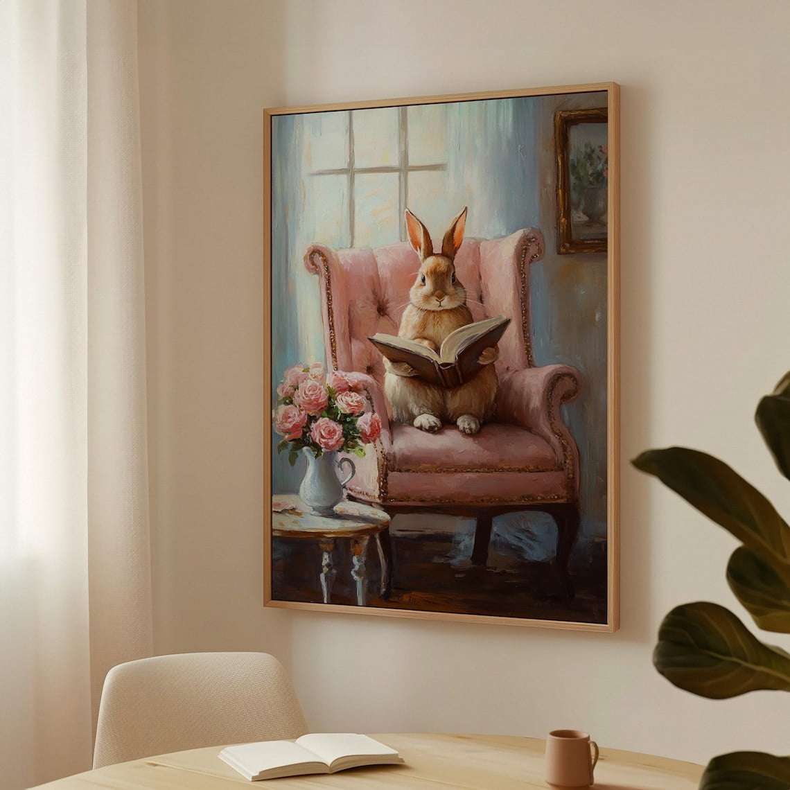 Charming Bunny Reading In Pink Chair Art Whimsical Animal Wall Decor ...