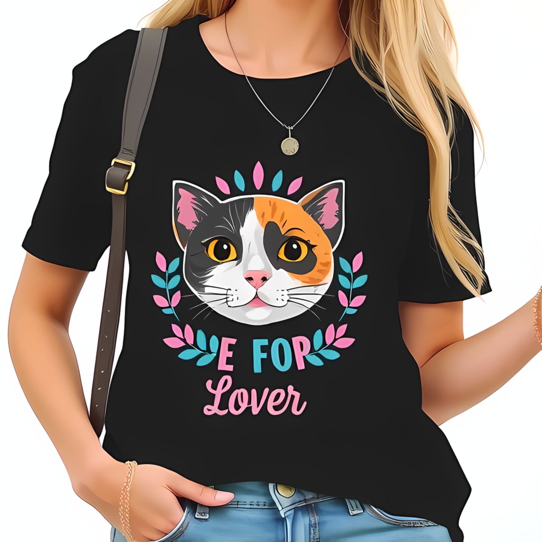 Charming Calico Cat Face T-Shirt with Pastel Leaves & 'E for Lover' Phrase - Cotton Short Sleeve ...
