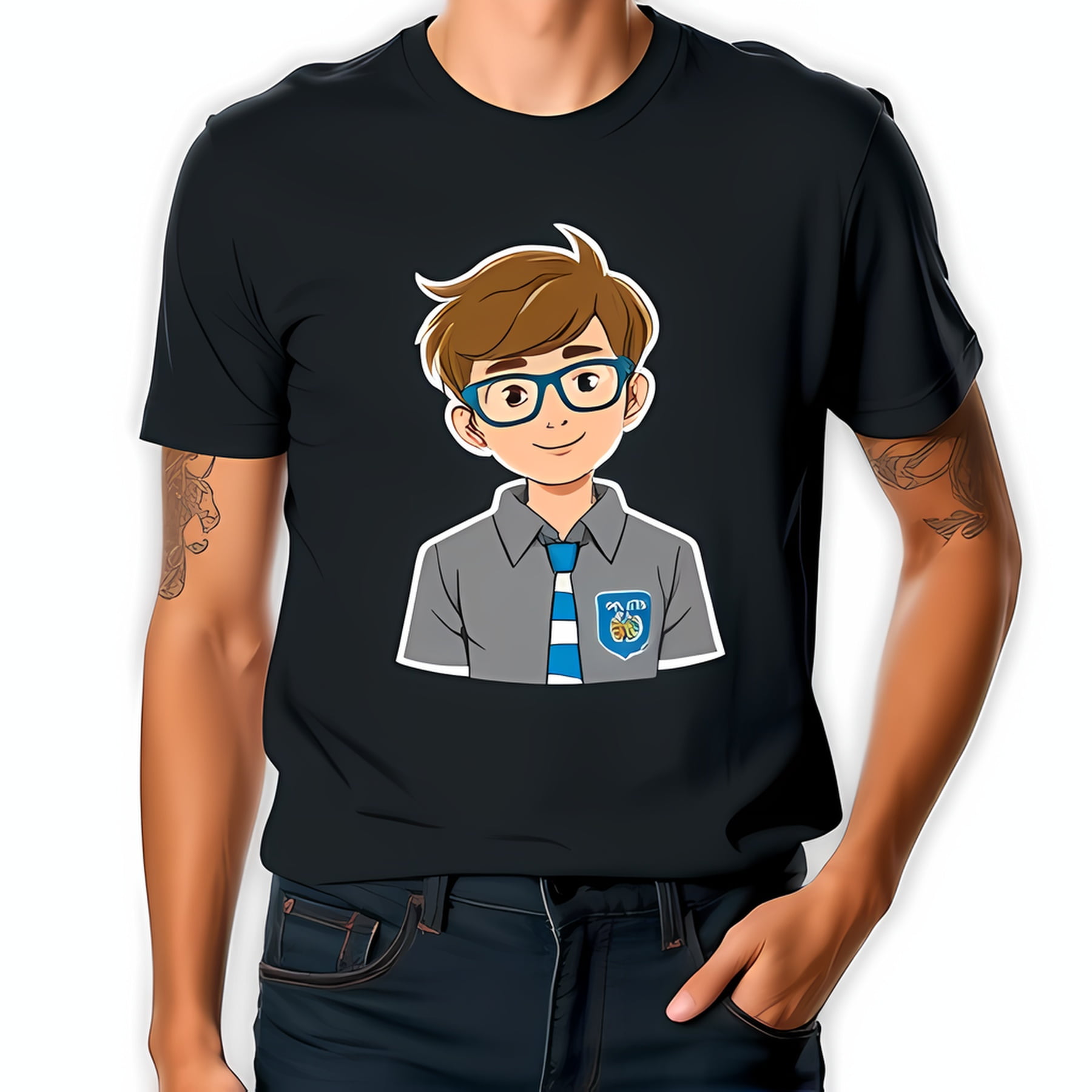 Charming Cartoon Boy T-Shirt with Glasses Collared Shirt & Tie - Navy ...