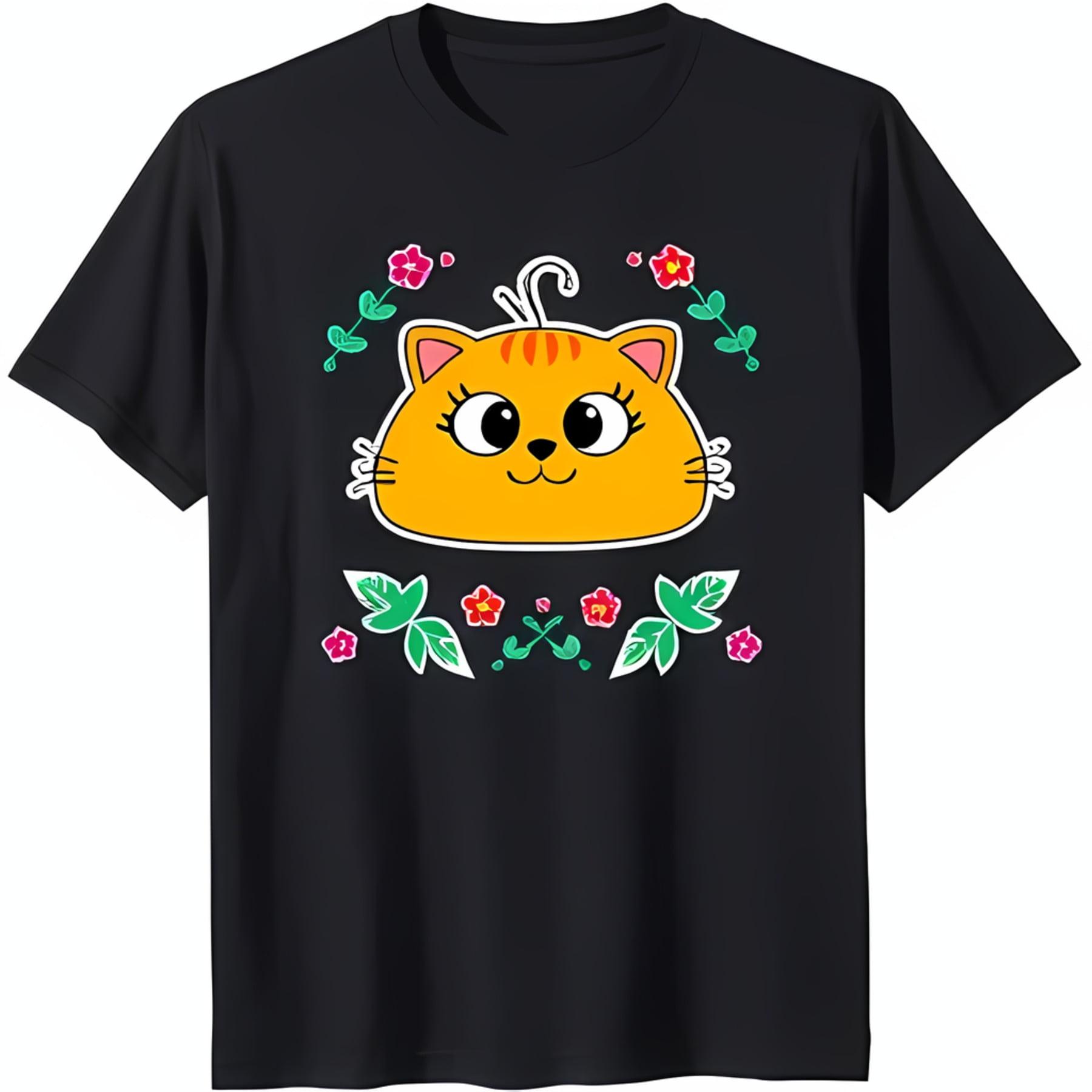 Charming Cartoon Cat T-Shirt with Floral Border Cute Design on Black ...