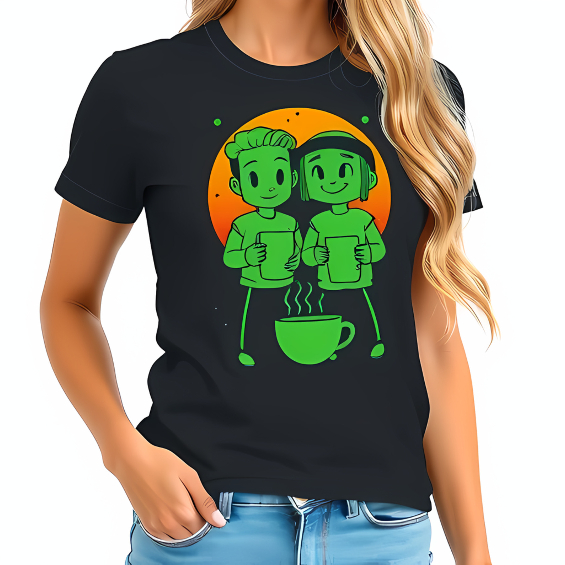 Charming Cartoon Characters Tee - Boy & Girl with Books & Tea Retro ...