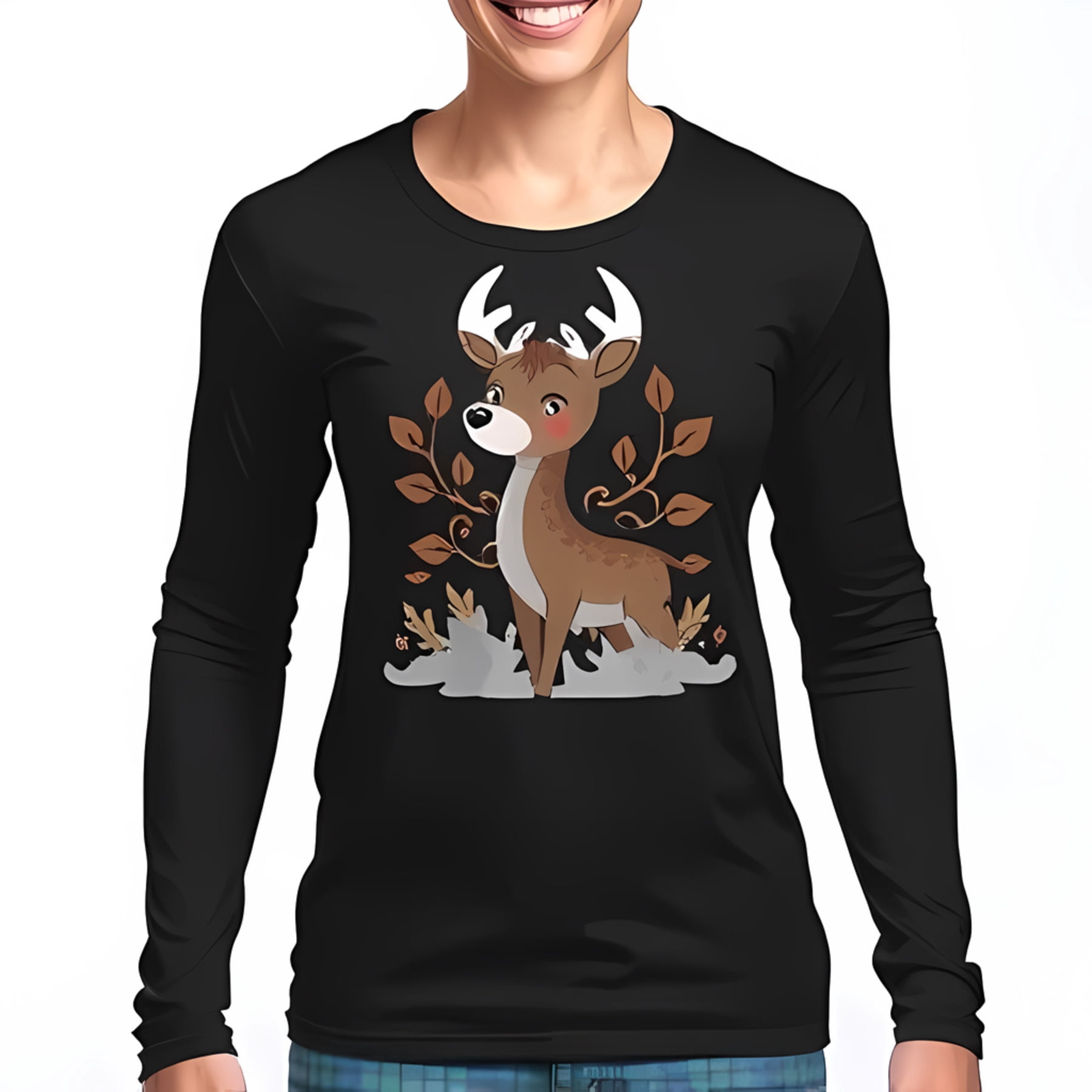 Charming Cartoon Deer Long Sleeve T-Shirt for Nature Lovers - Cute ...