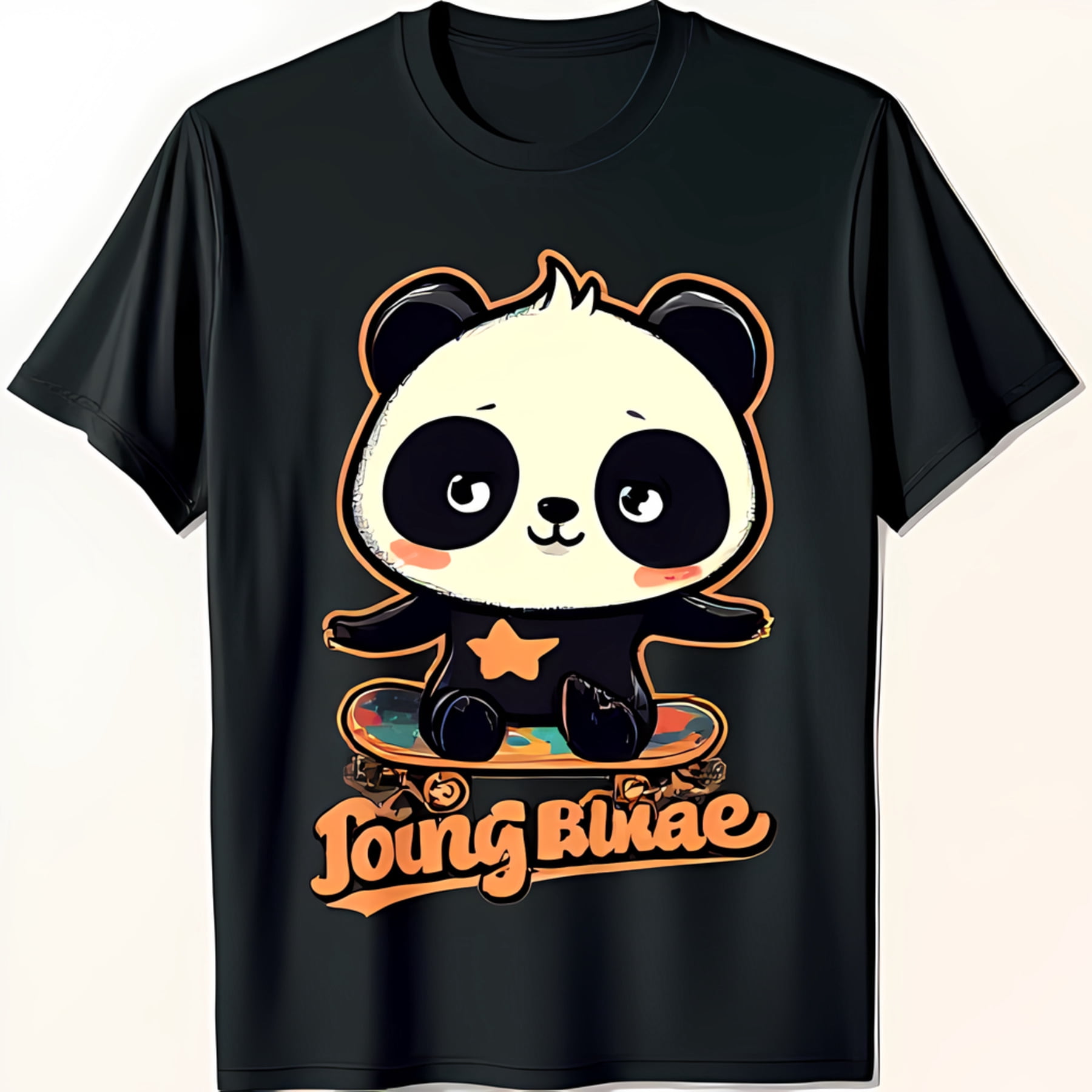 Charming Cartoon Panda Skateboarding Black T-Shirt with 'Young Blunae ...