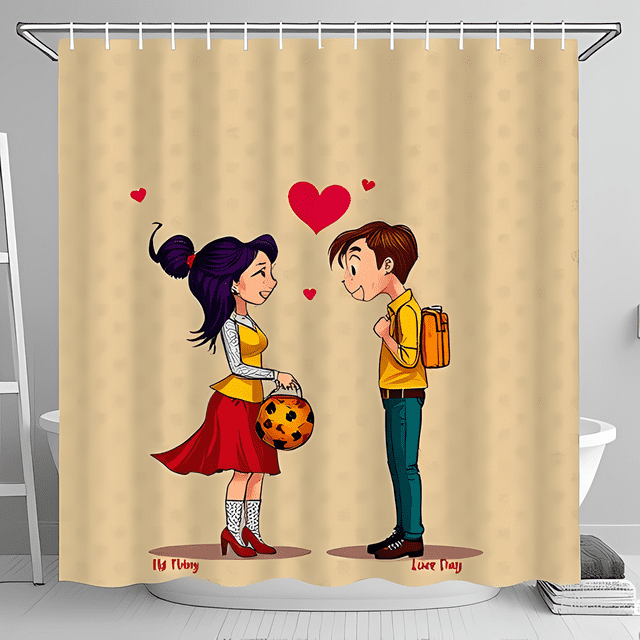 Charming Cartoon Shower Curtain with Love Day Theme - Cute Couple ...