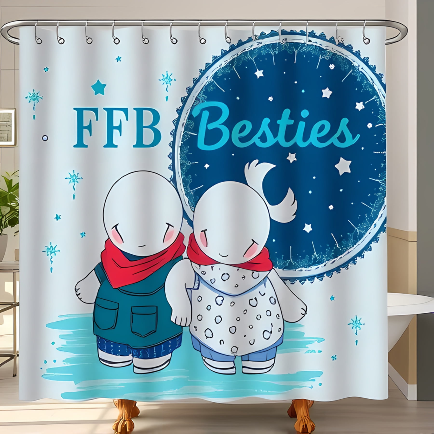Charming Cartoon Shower Curtain with Snowman-Like Characters Night Sky ...
