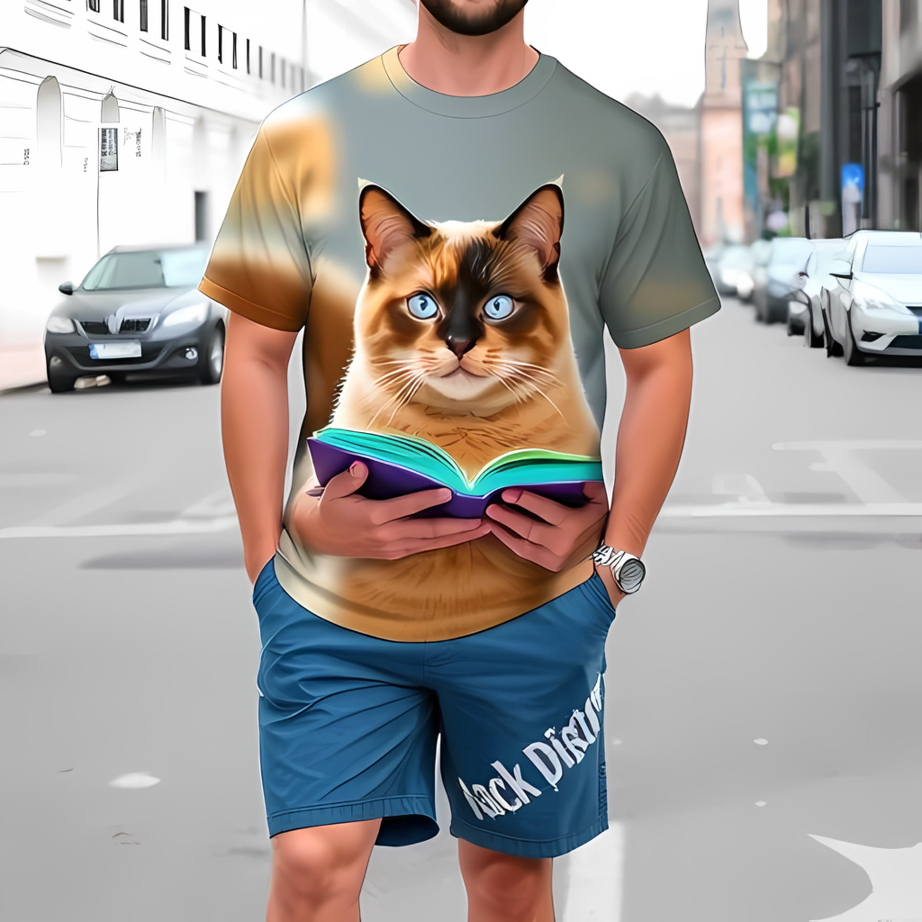 Charming Cat Graphic Tee & Beach Shorts Set - Playful Cat with Blue ...