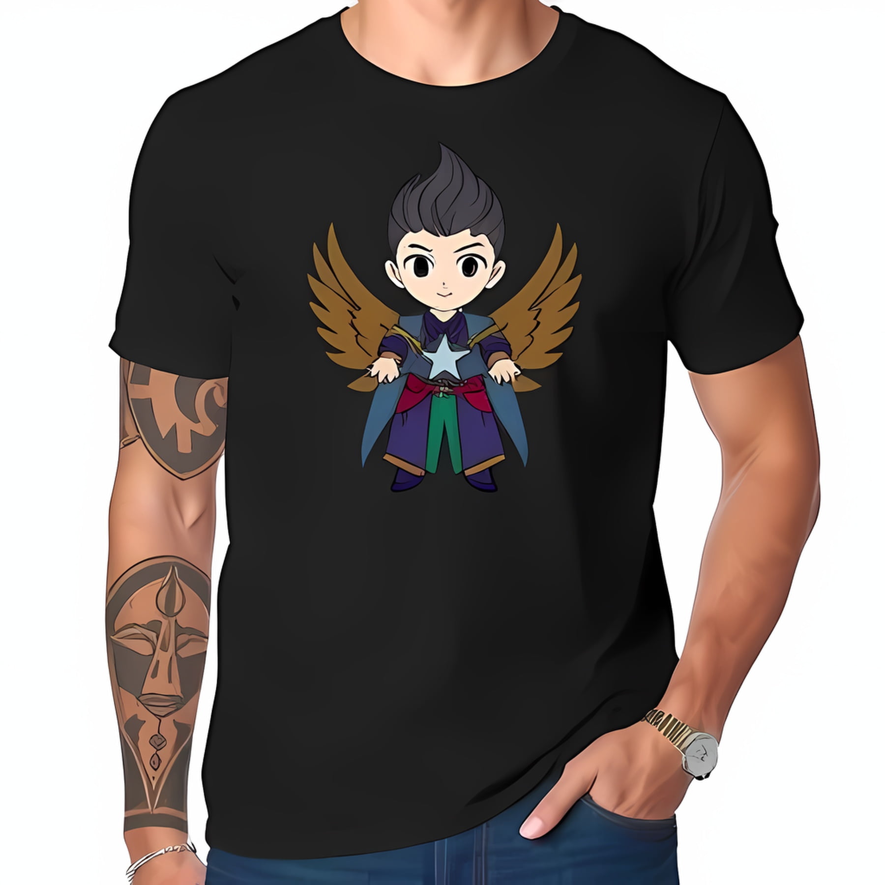 Charming Chibi Angel T-Shirt with Spiky Hair Feathered Wings and ...