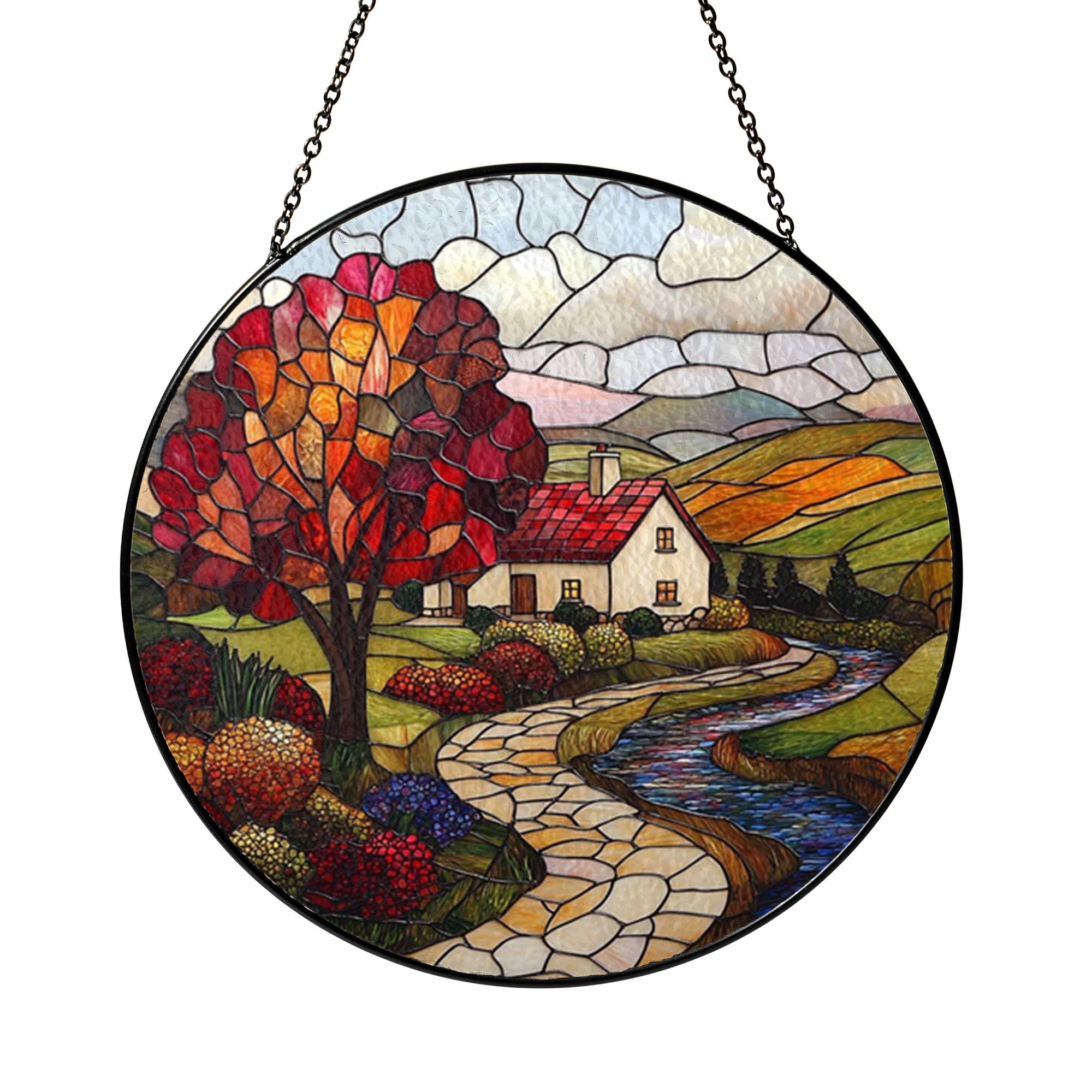 Charming Cottage Stained Glass Panel – Autumn Tree Window Art - Walmart.com