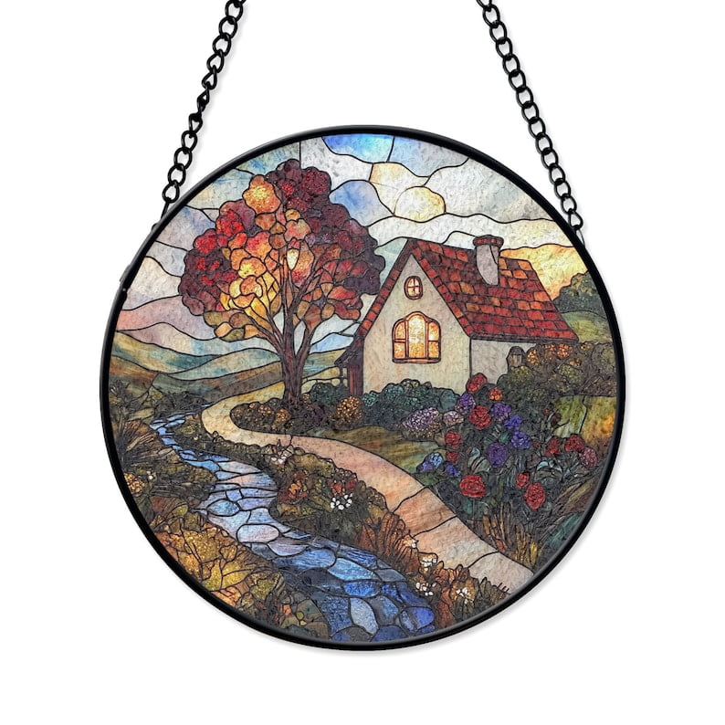 Charming Cottage Stained Glass Panel with Autumn Tree and Winding ...