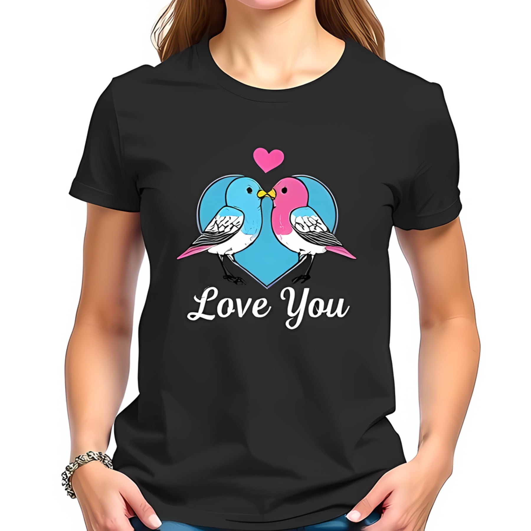 Charming Cotton Short Sleeve T-Shirt with Birds Kissing in Heart ...