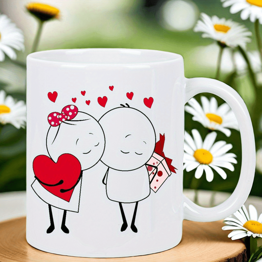 Charming Couple Cartoon Ceramic Coffee Mug - Insulated, Reusable, Hand ...