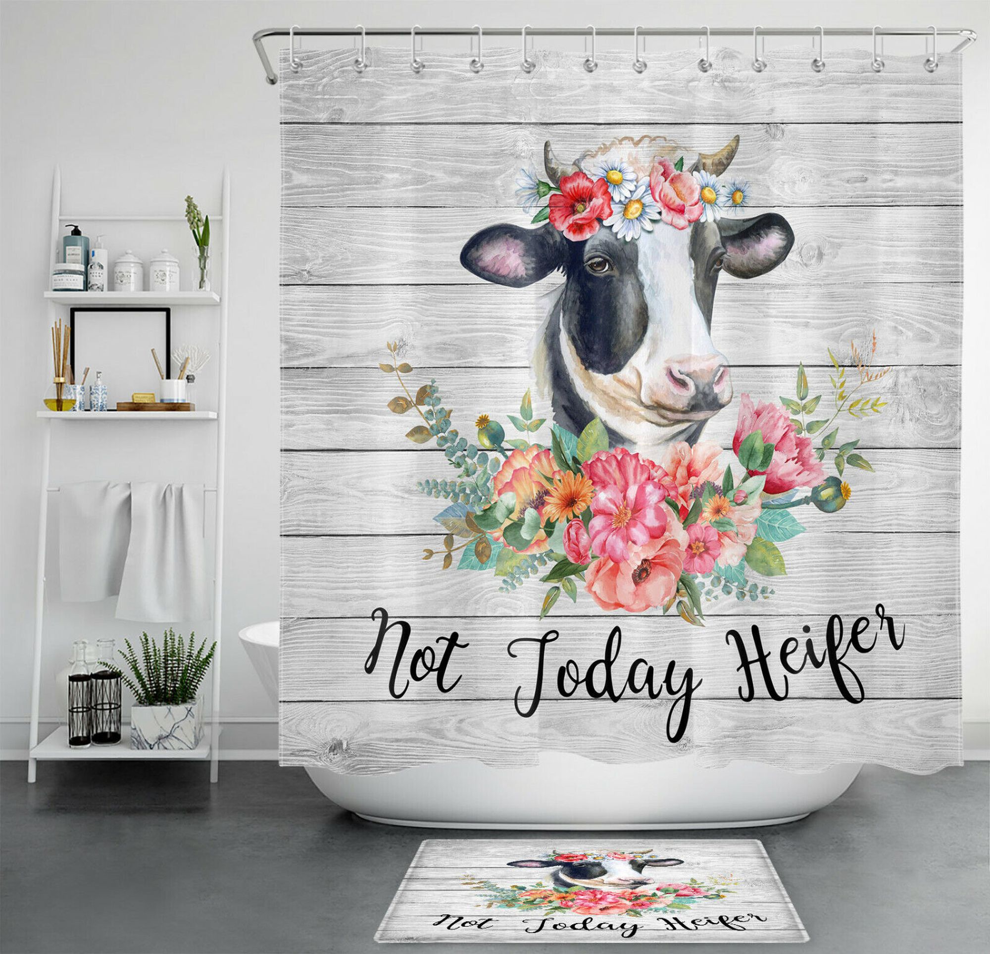 Charming Cow Heifer Shower Curtain - Rustic Farmhouse Style with Floral ...